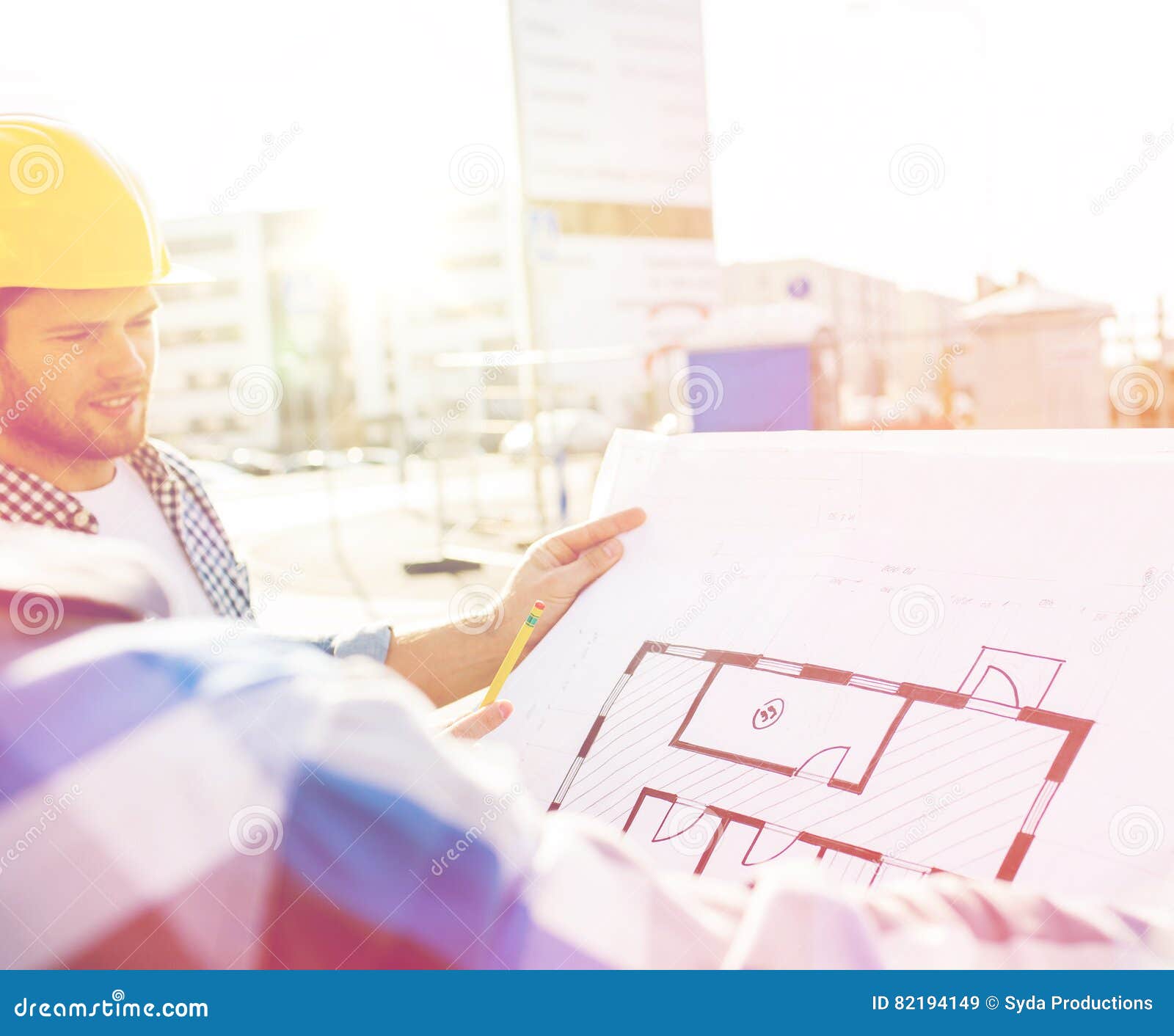 Close Up of Builders with Blueprint at Building Stock Image - Image of ...