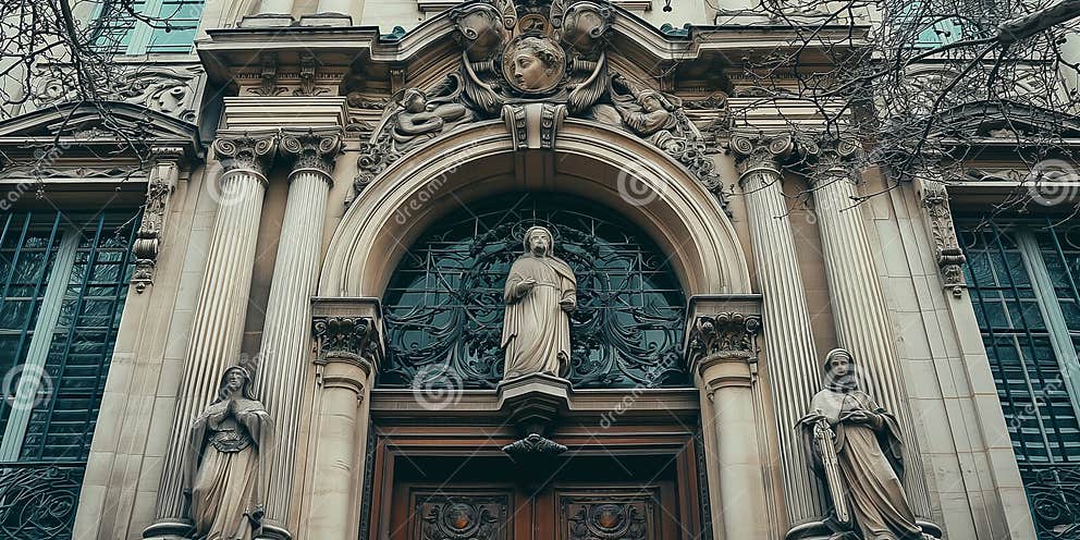 A Close Up of a Building with Statues on the Front of it Stock ...