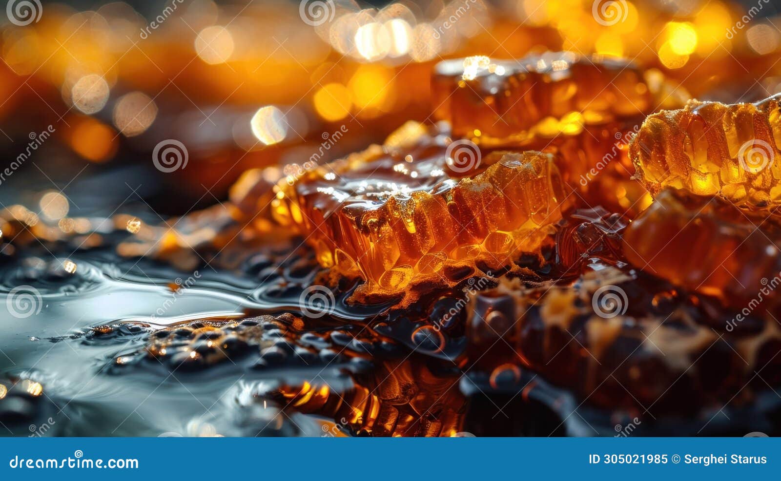 A Close Up Of A Bunch Of Honey Sitting On Top Of Water, AI Stock Photo ...
