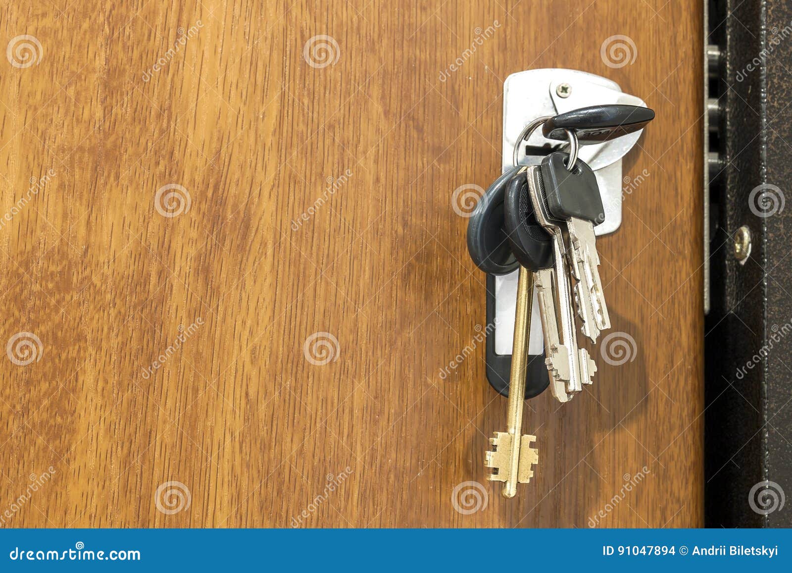 Close-up of Bundle of Different Keys in Key Hole in Wooden Texture Dood ...