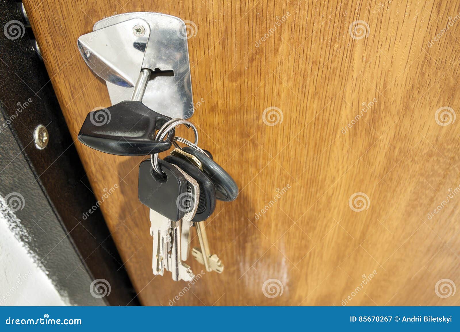Close-up of Bundle of Different Keys in Key Hole in Wooden Stock Image ...