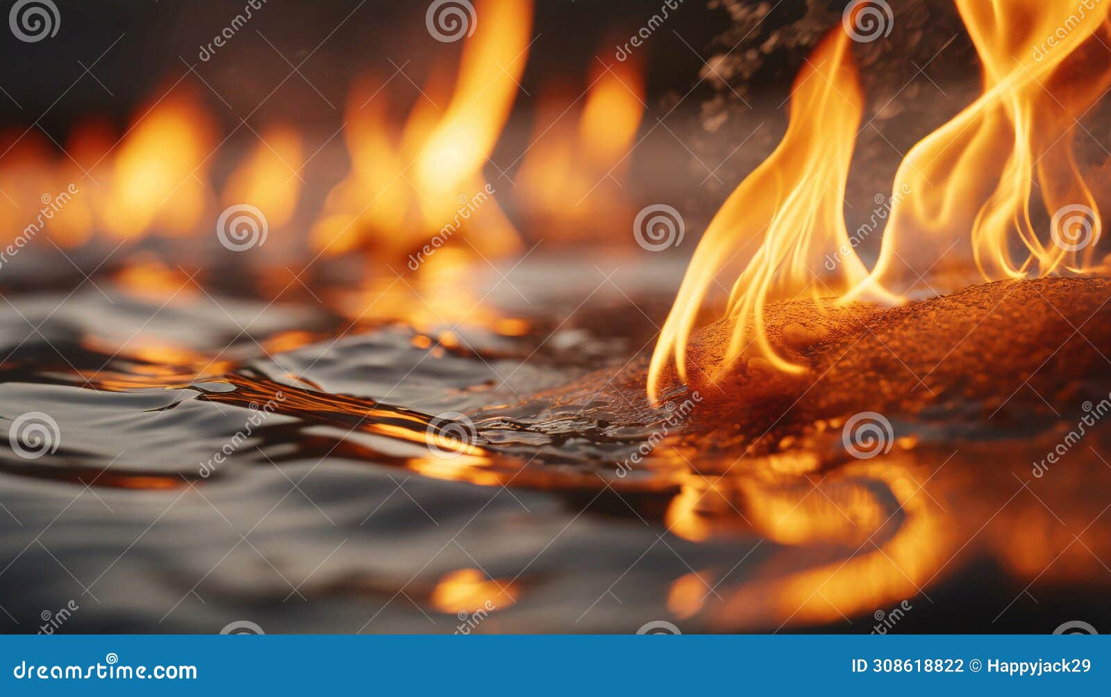 Close Up Burning Fire Flames on the Water, Danger for Nature Stock ...