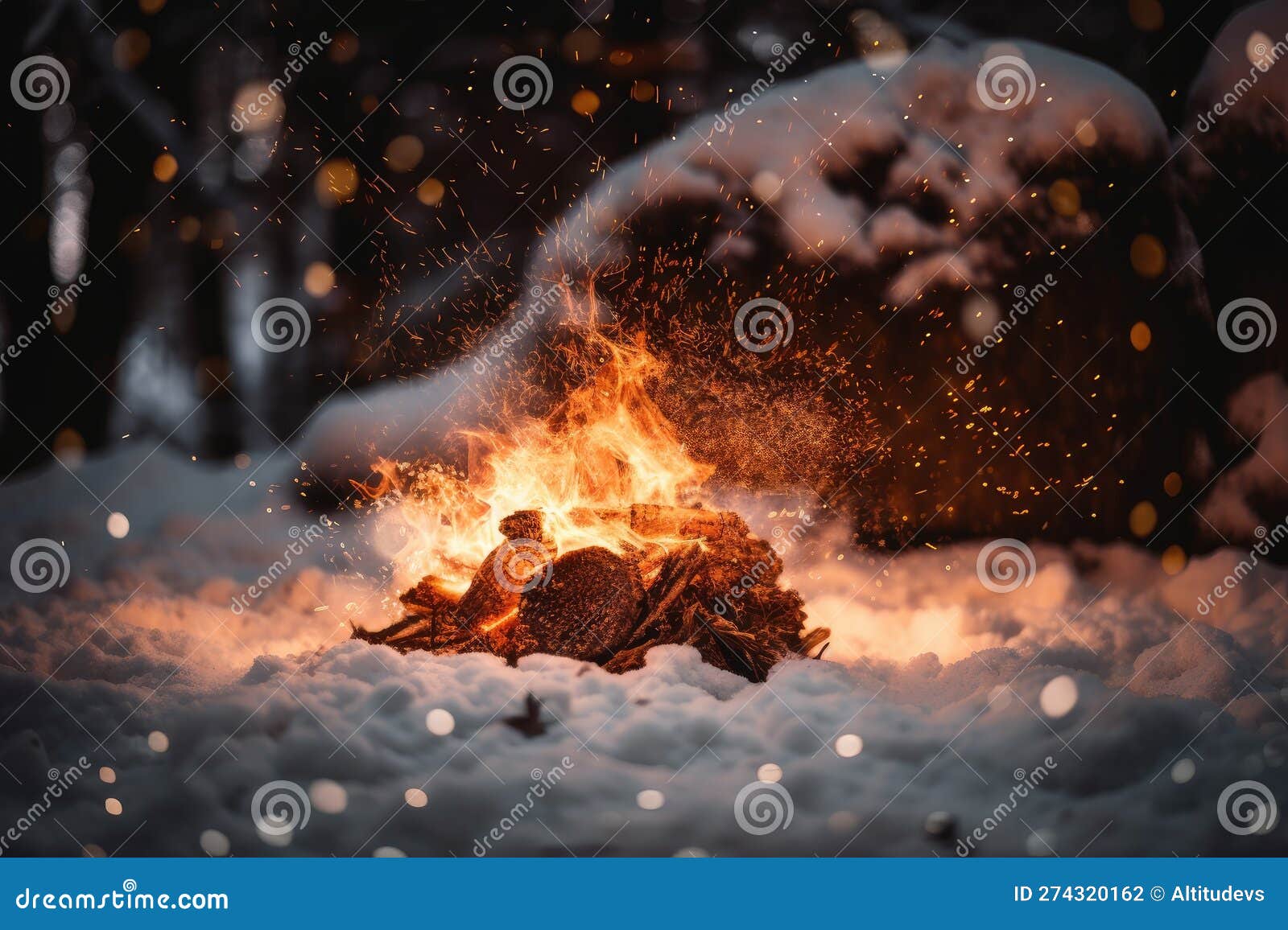 Close-up of Burning Fire Surrounded by Snowflakes Stock Illustration ...
