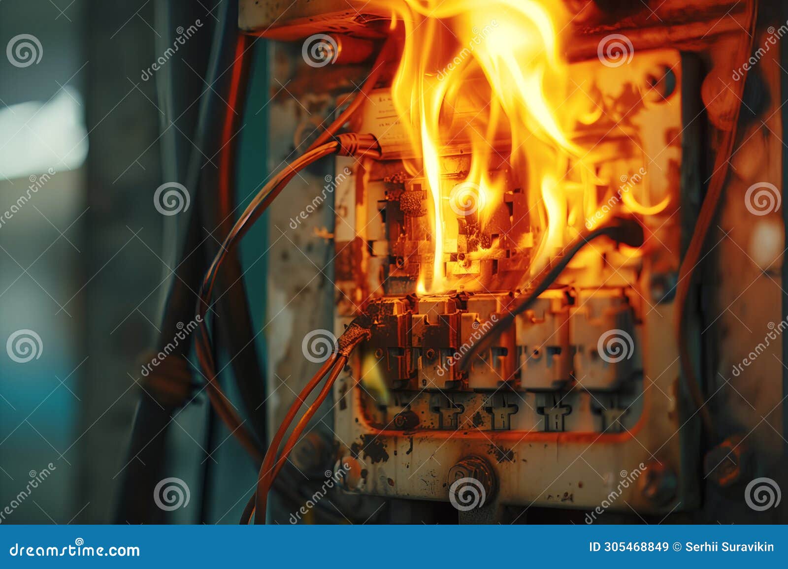 Close-up of Burning Switchboard and Circuit Breakers from Overload or ...
