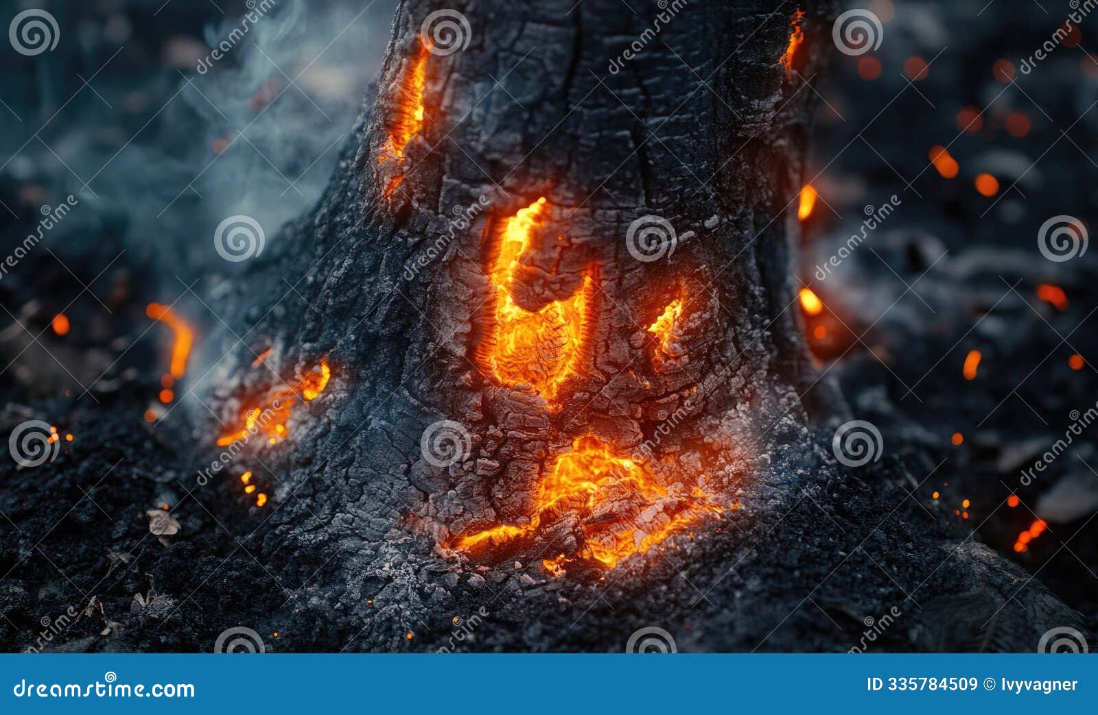 Close-up of a Burning Tree Branch, Flames Licking at the Wood Stock ...