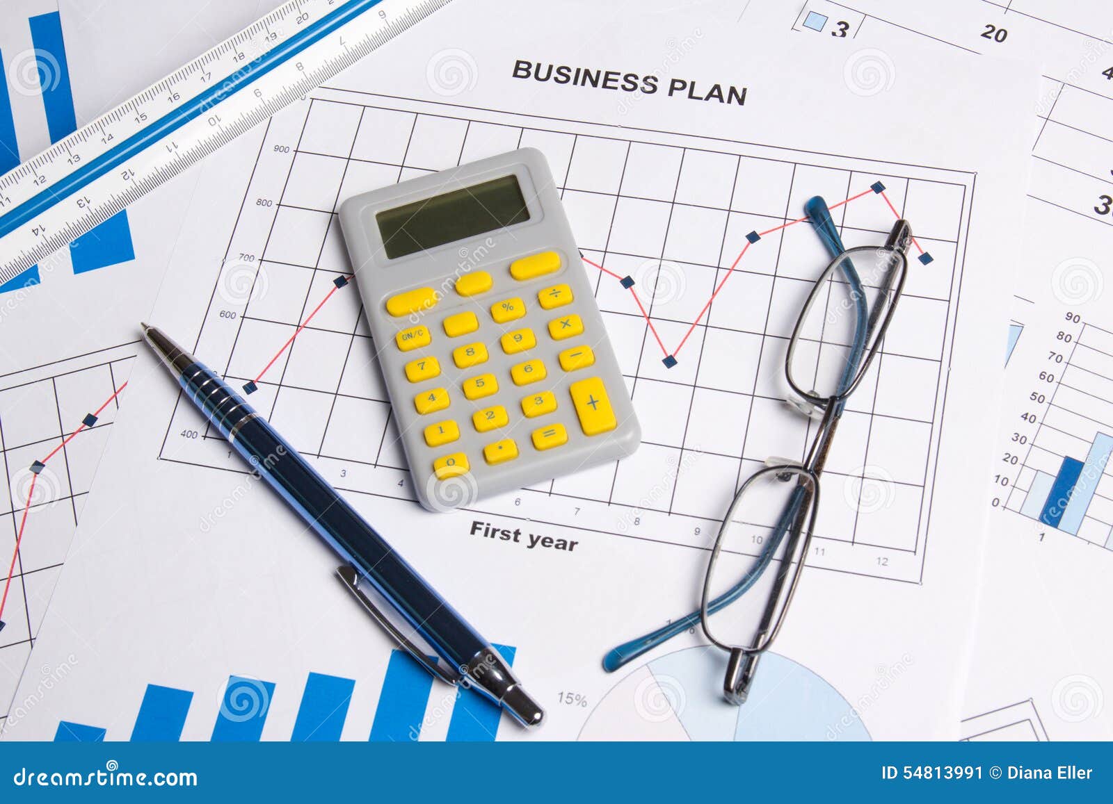 Close Up of Business Plan with Graphs, Charts, Glasses and Calculator ...