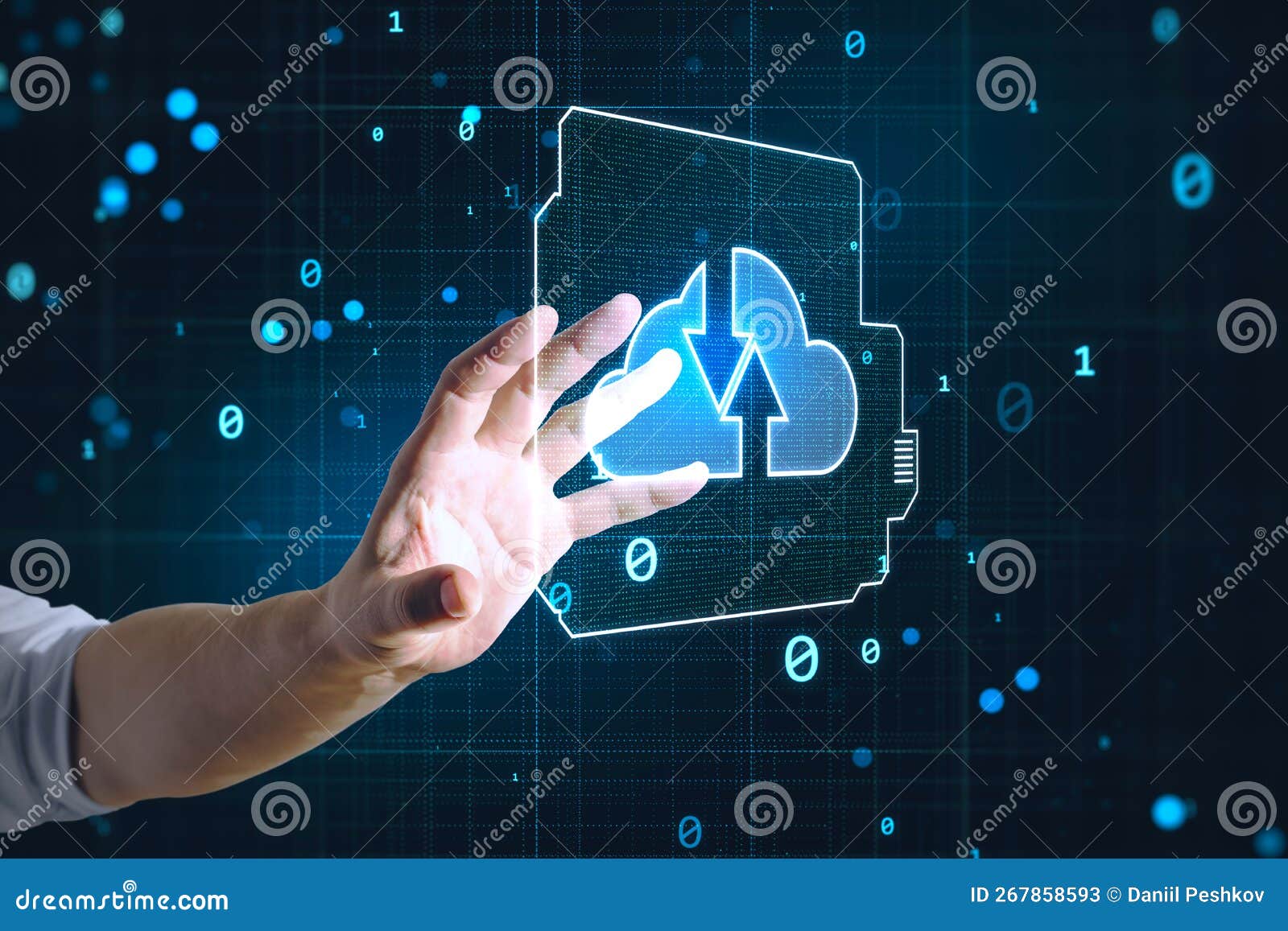 Close Up of Businessman Hand Holding Hologram. Glowing Cloud Hologram ...