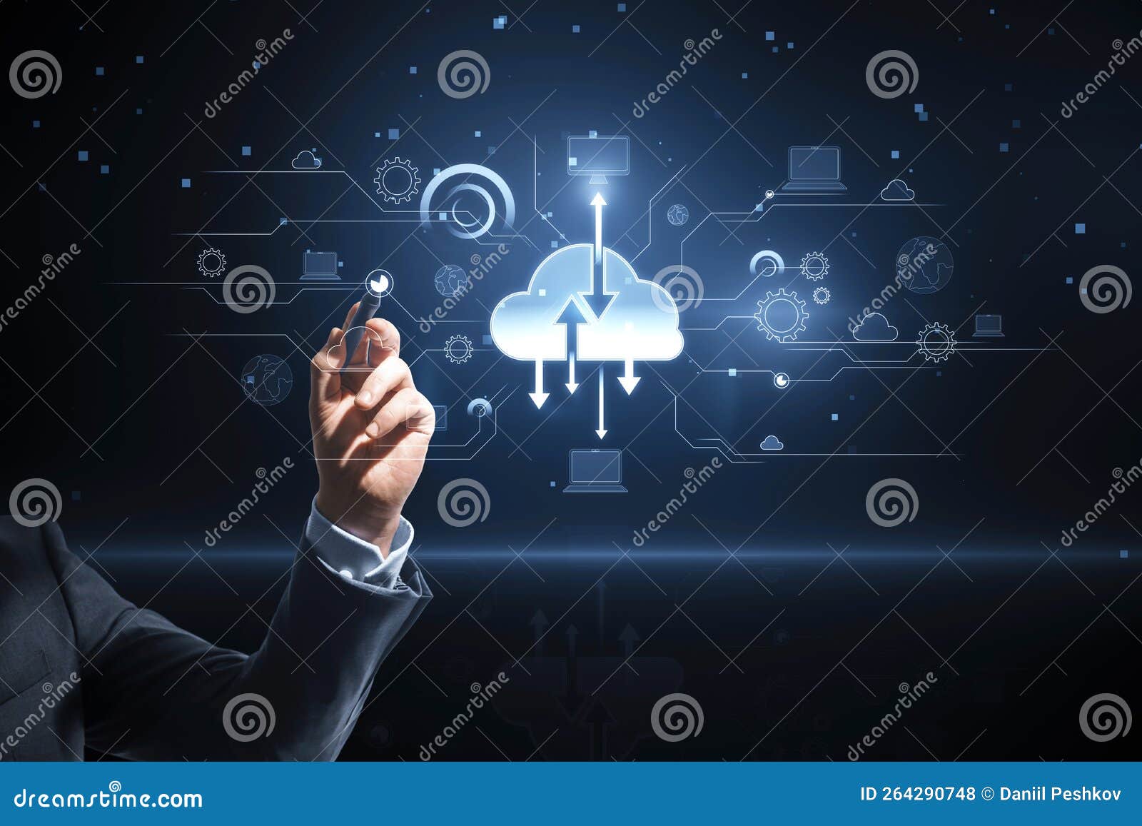 Close Up of Businessman Hand Pointing at Digital Cloud Computing Hologram on Blurry Background ...