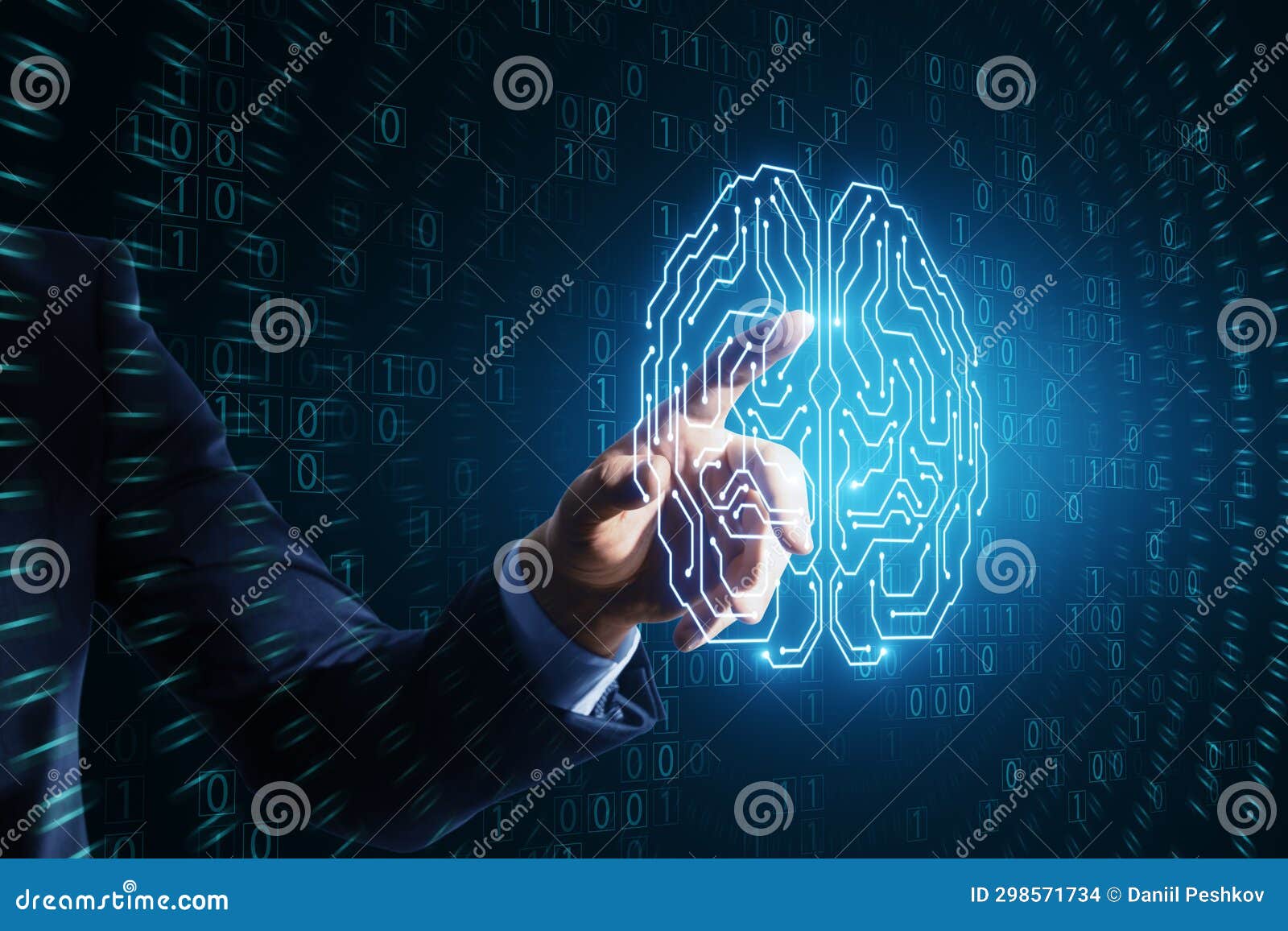 Close Up of Businessman Hand Pointing at Glowing Brain Hologram with Binary Coding on Blue ...