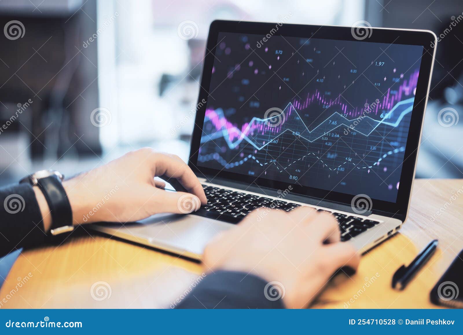 Close Up of Businessman Hands Using Laptop Keyboard with Abstract ...