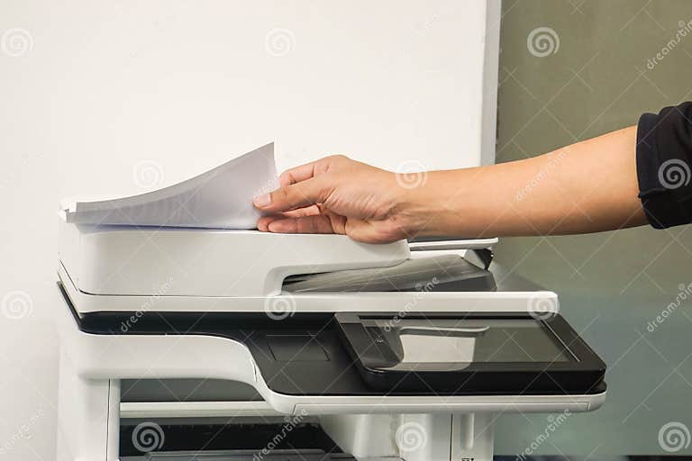 Businessman Pull Printing Documents from Office Multifuntion Printer ...