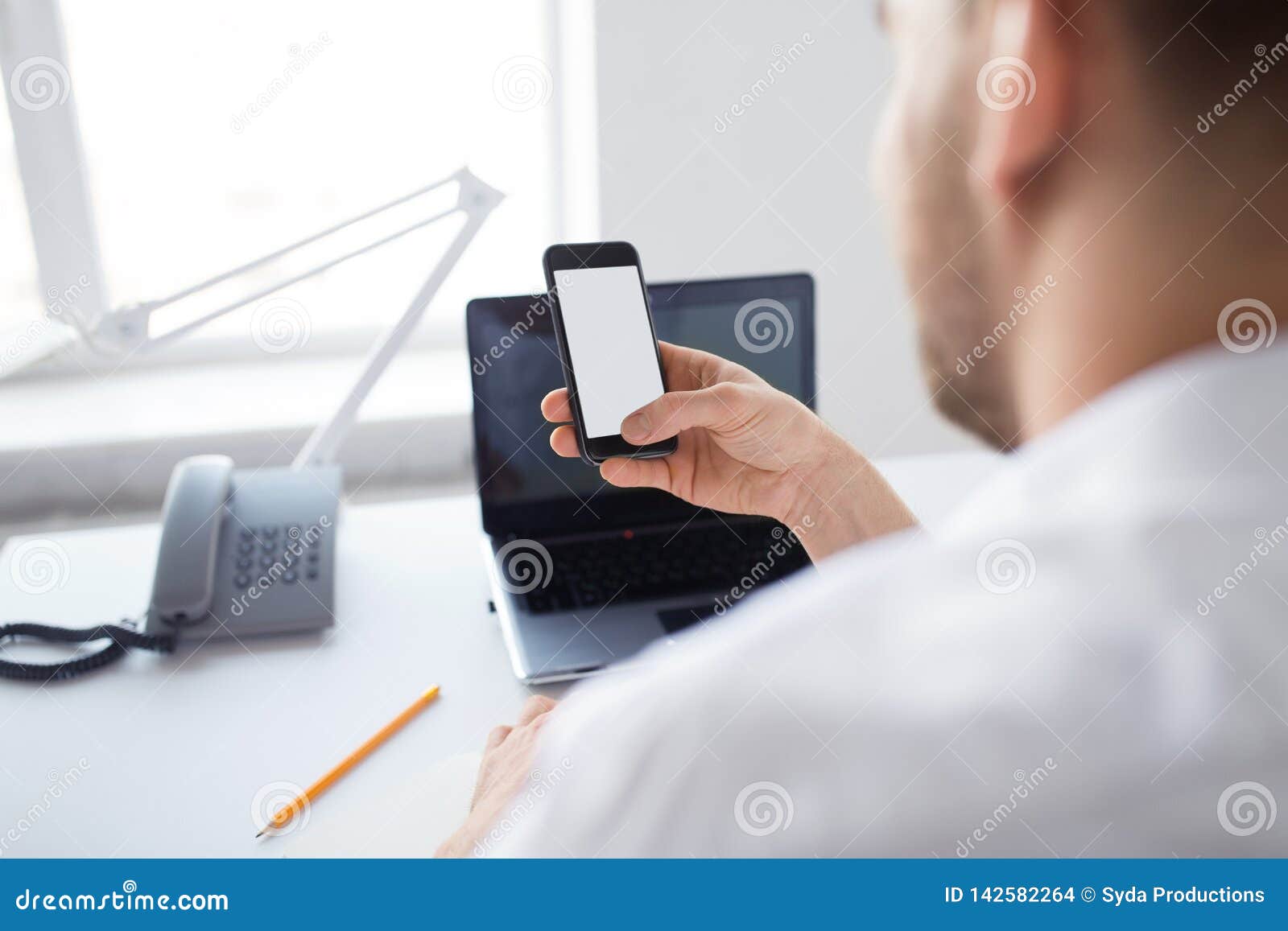 Close Up of Businessman Using Smartphone at Office Stock Photo - Image ...