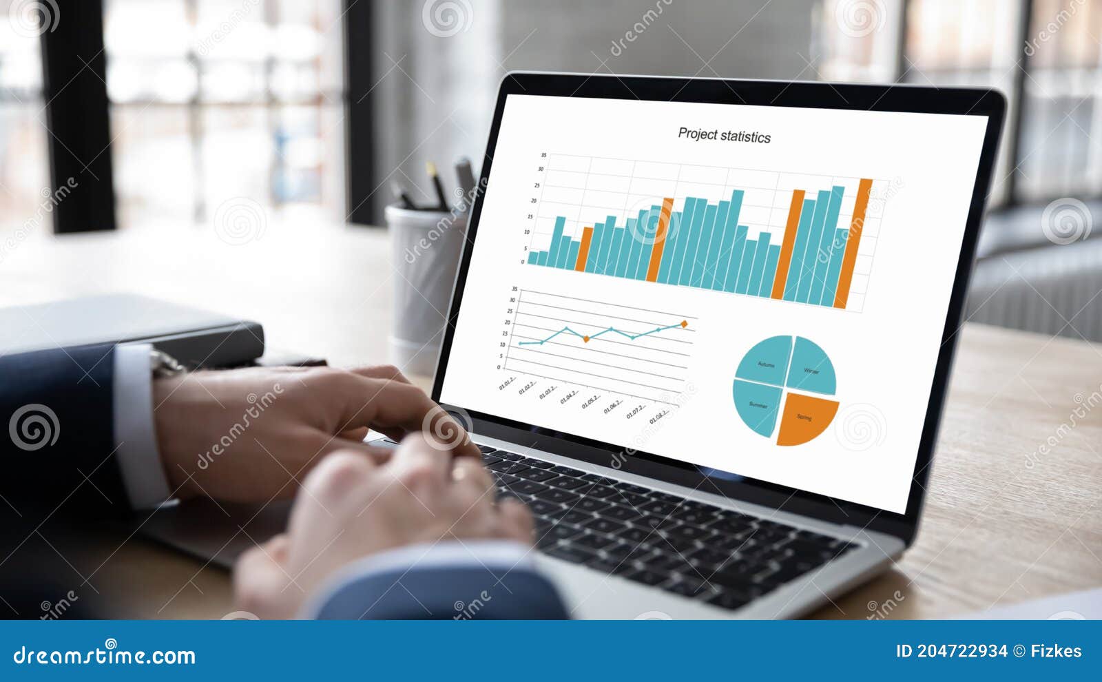 Close Up Businessman Working with Project Statistics, Using Laptop ...