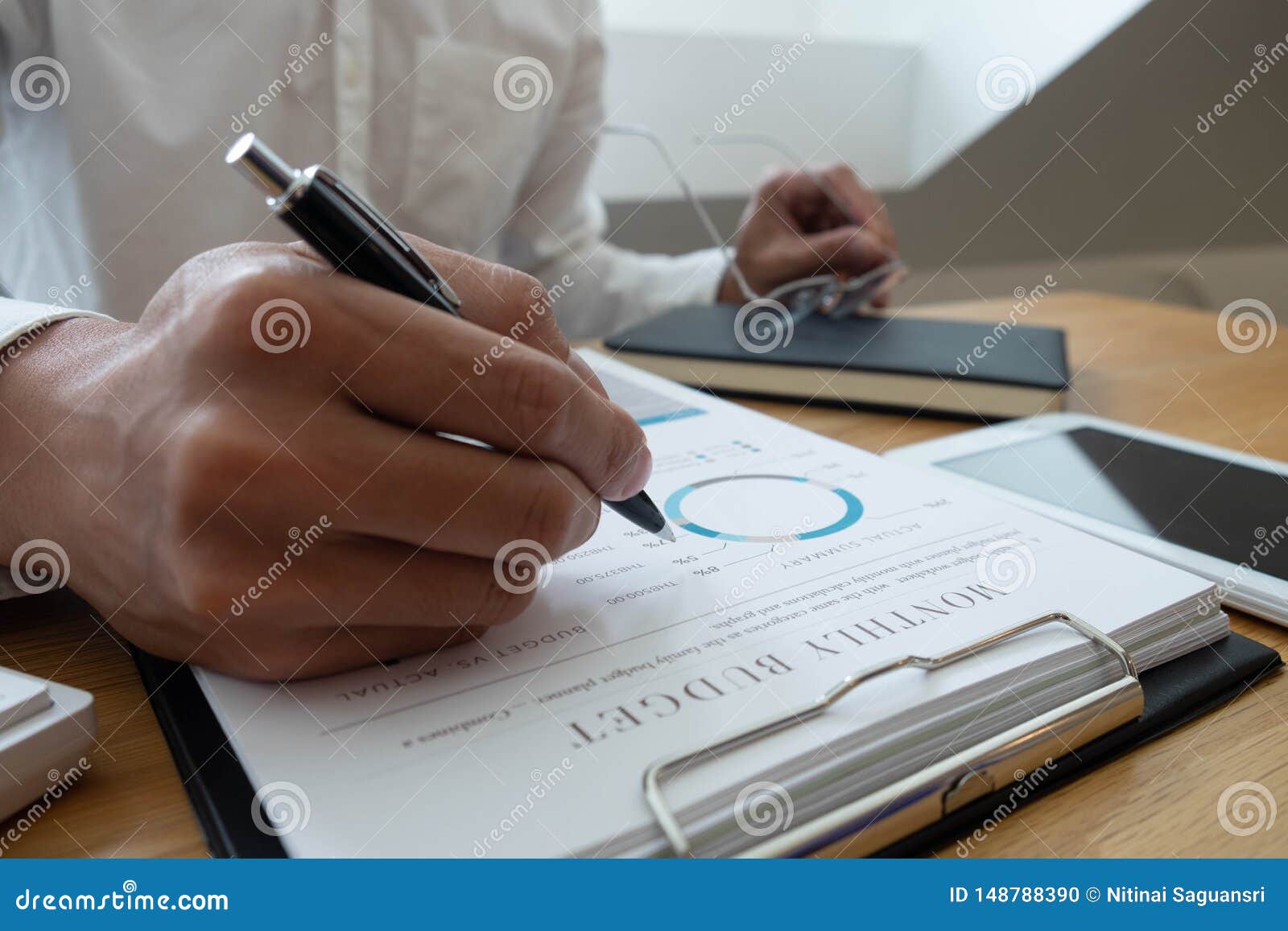 Close-up Businessmen Financial Sitting Work Checking Documents Using ...