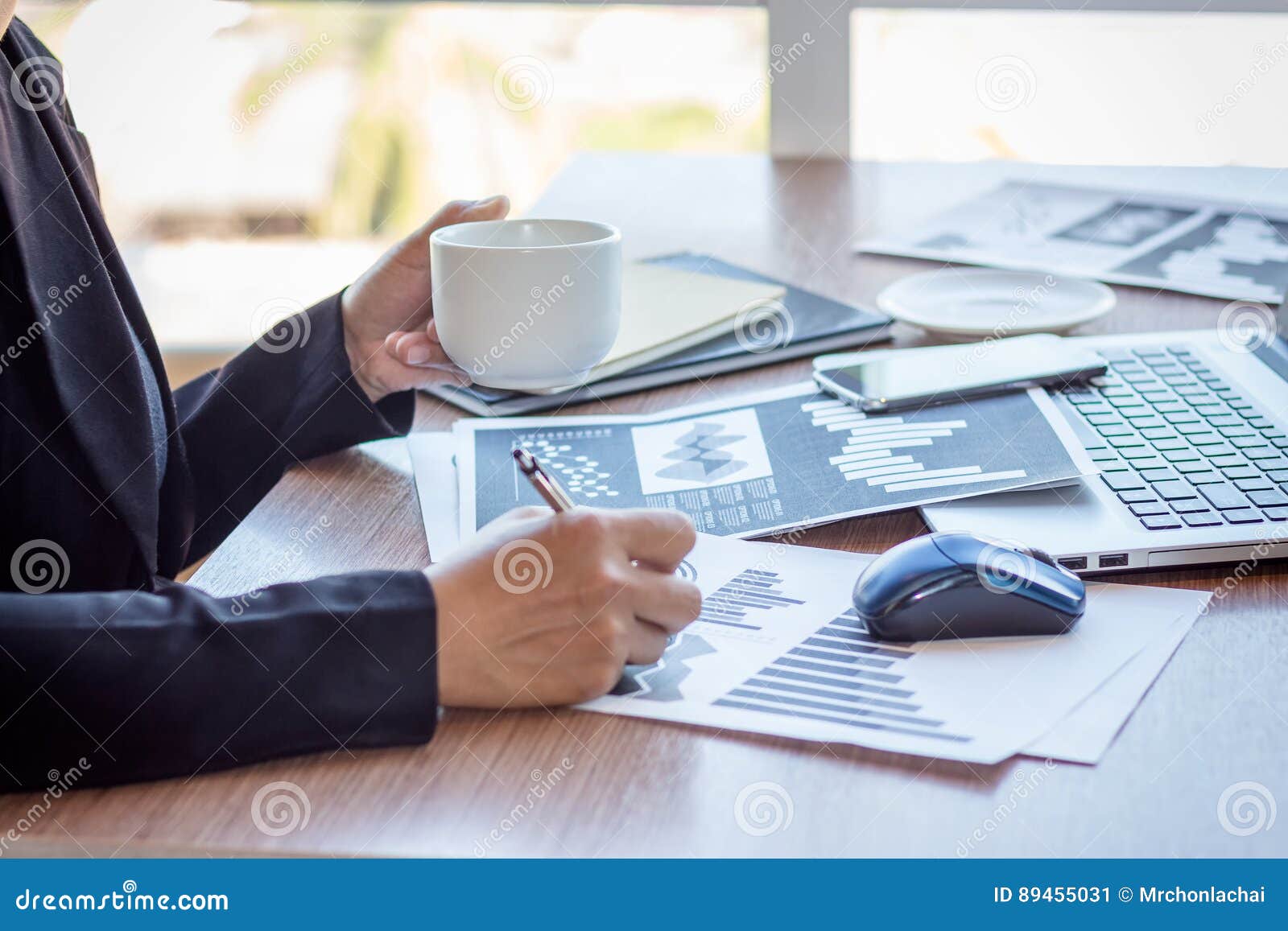 Close Up Businessmen Working at a Coffee Shop. Stock Image - Image of ...