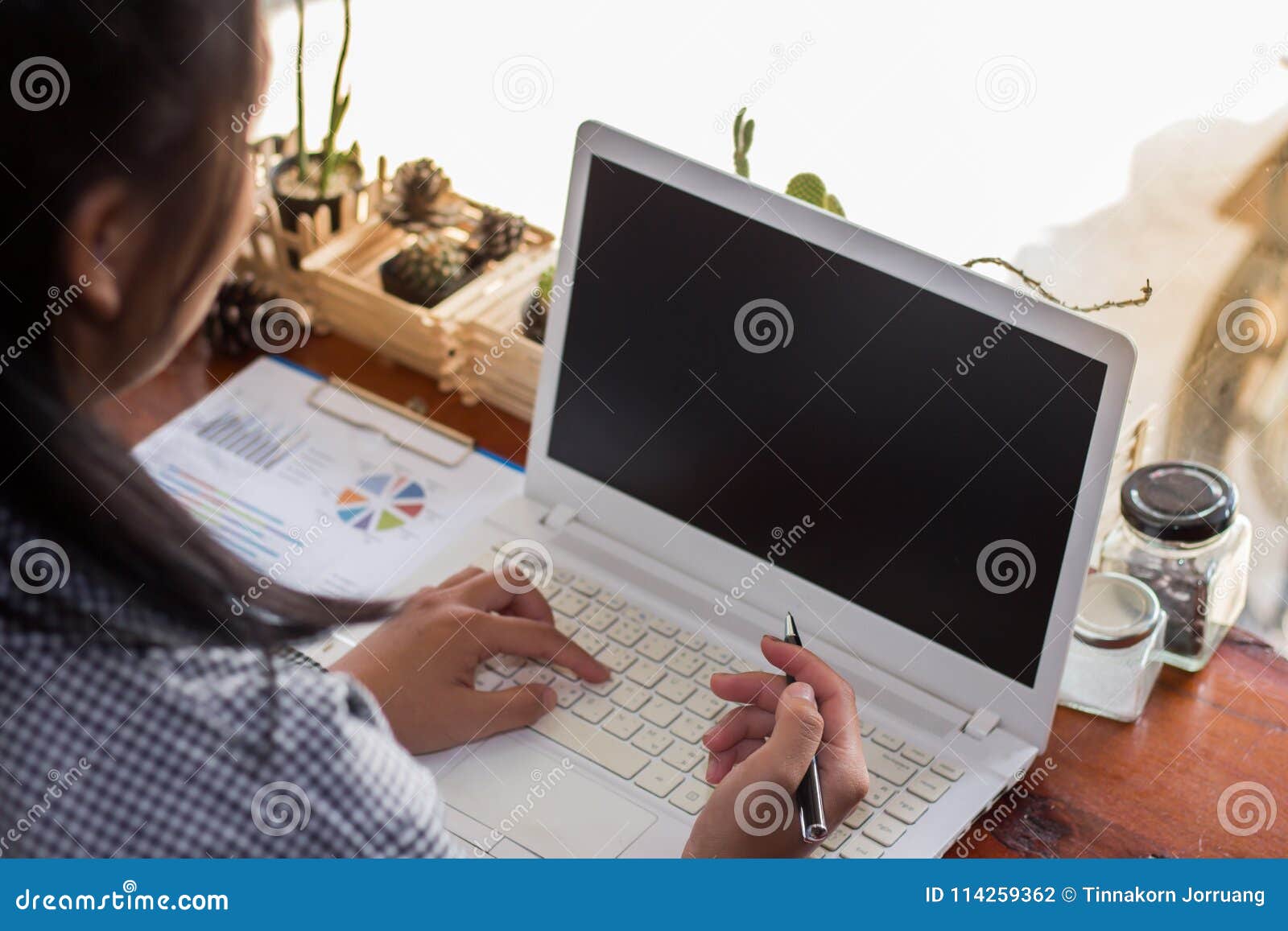 Close Up Businesswomen Using Computer Working in Coffee Shop. Stock ...