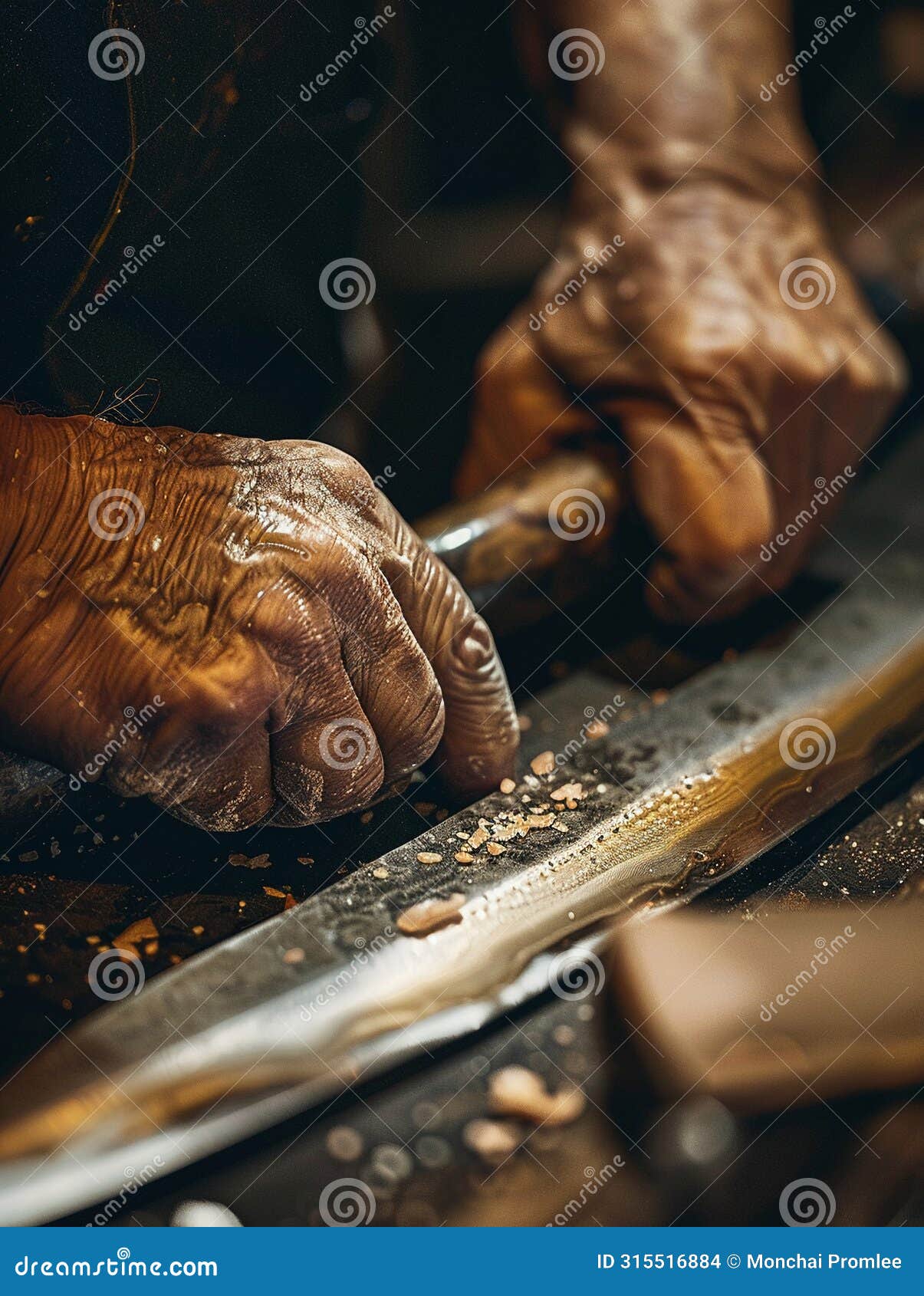 A Close-up of a Butcher Knife Undergoing Restoration, with Hands ...
