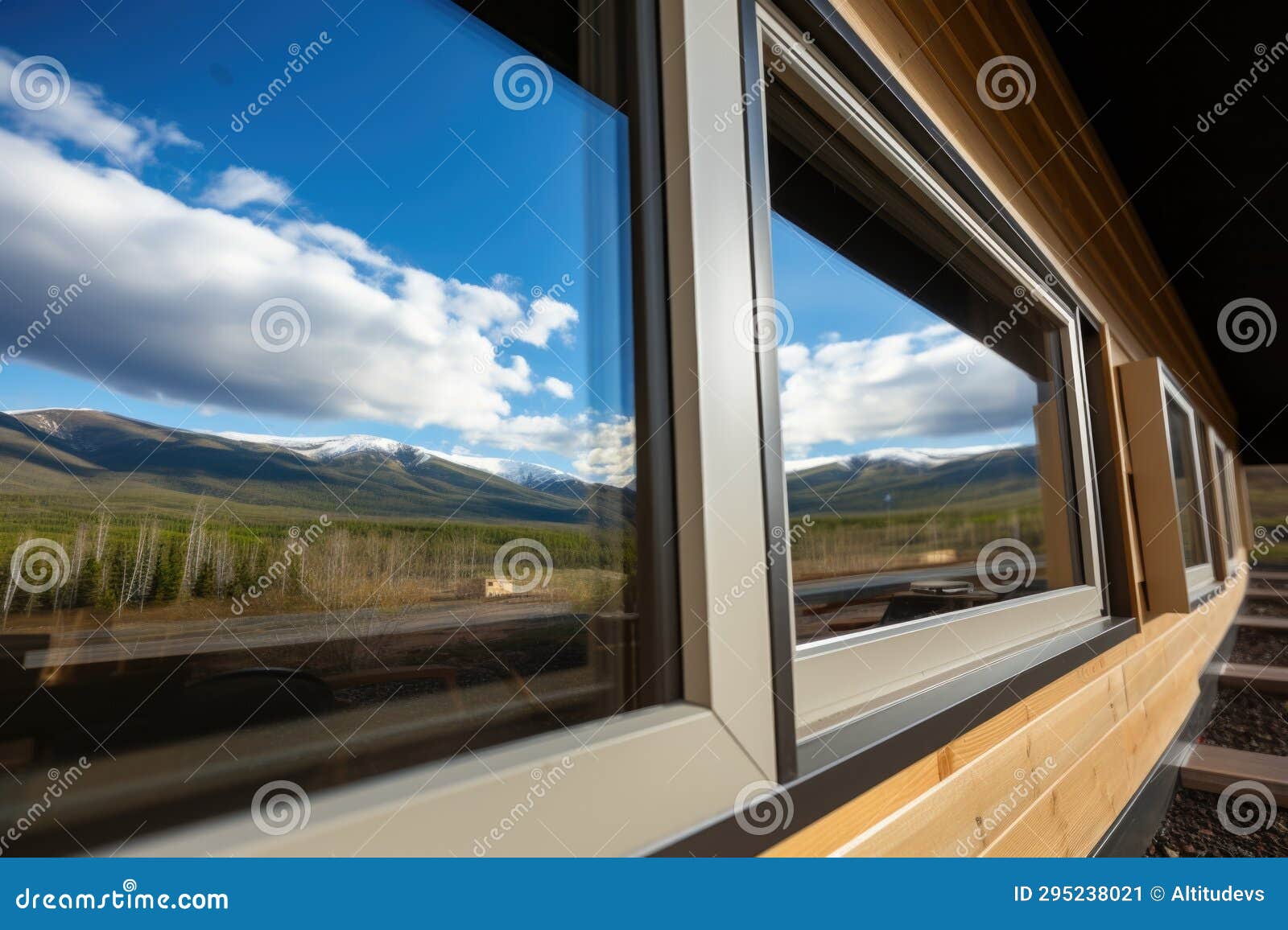 Close-up on Cabins Windows with Reflection of Mountains Stock Image ...
