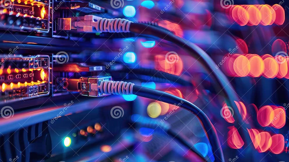A Close-up of Cables and Connectors in a Data Center, Emphasizing Stock Illustration ...