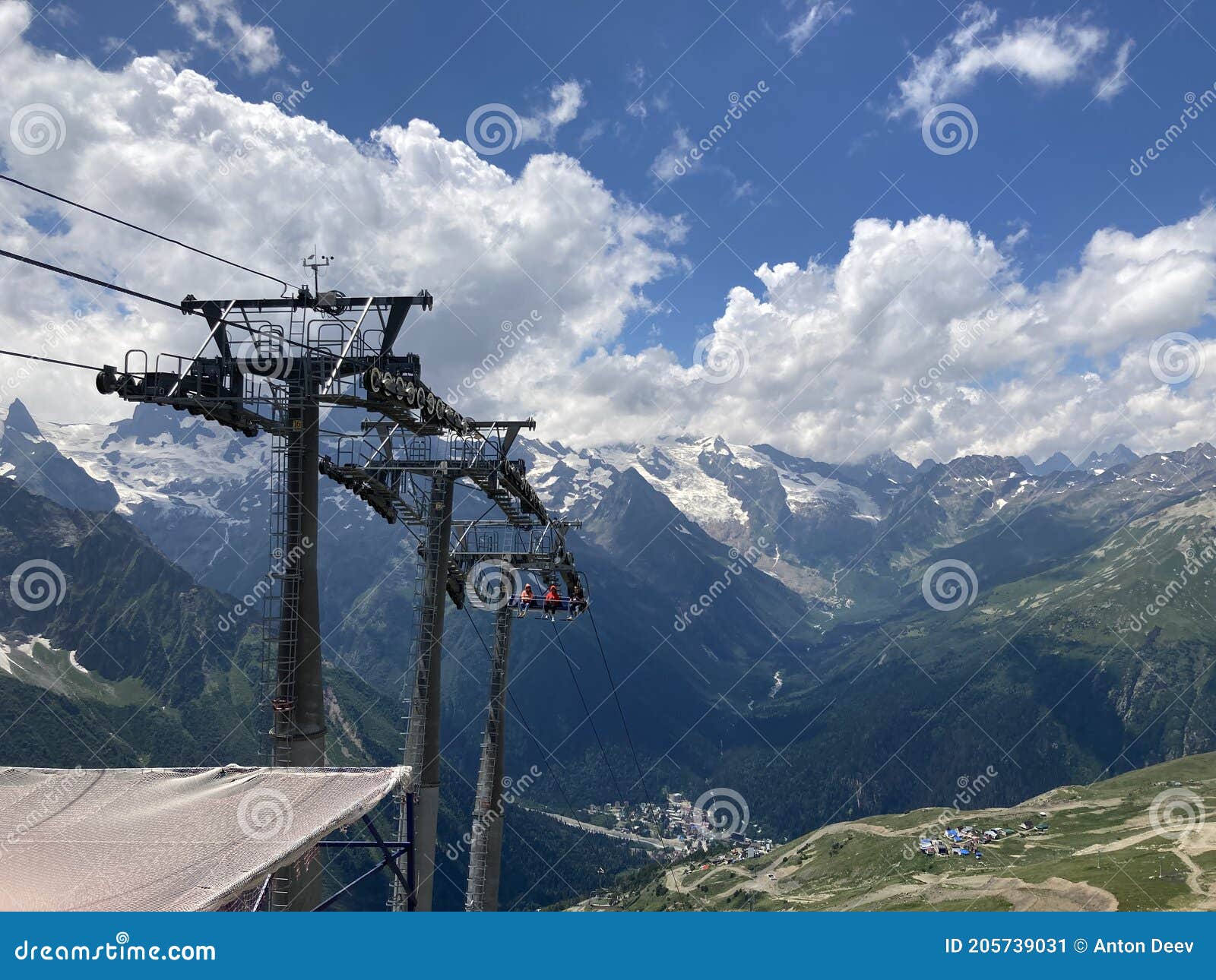 Close Up of Cableway in Mountains. Modern Ropeway with Benches in ...