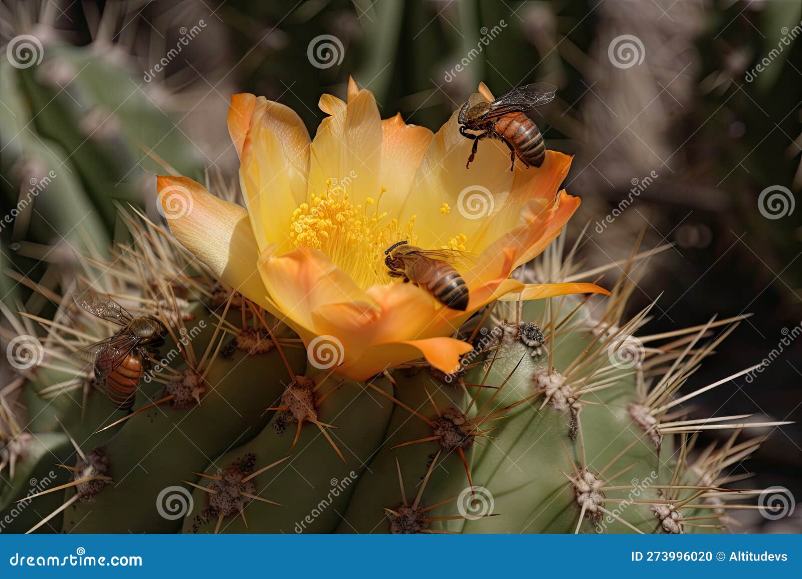 Close-up of Cactus Flower, with Bees and Other Insects Buzzing Around ... Close-up of Cactus Flower, with Bees and Other Insects Buzzing Around ...