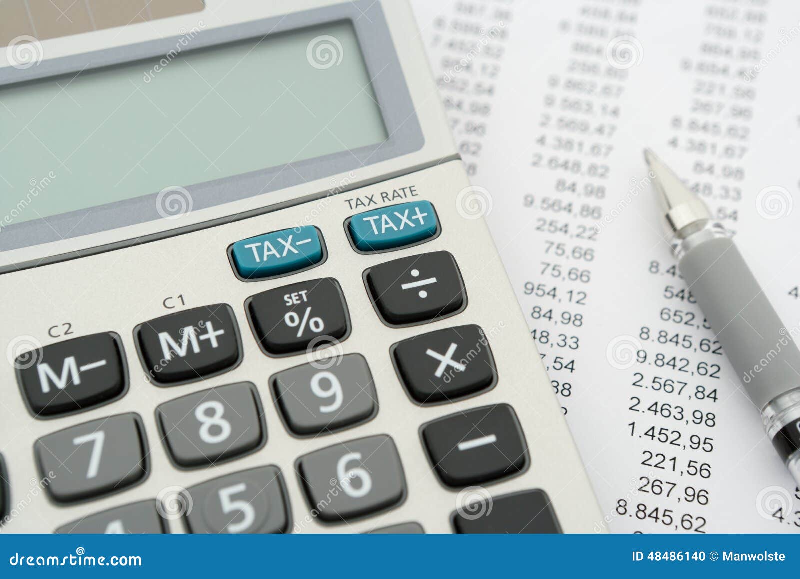 Close Up of Calculator and Document with Pen Stock Photo - Image of ...