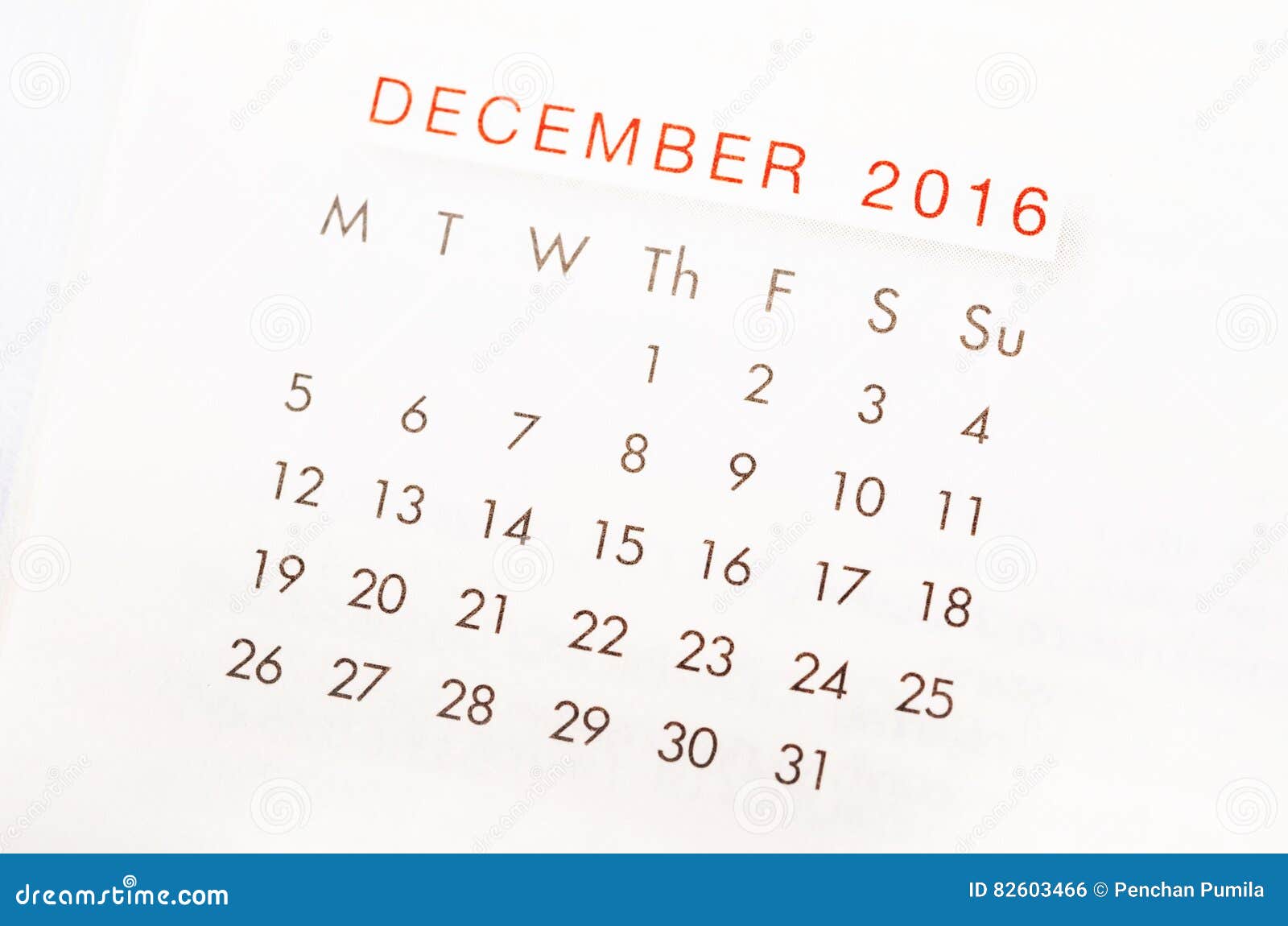 Close Up Calendar of December 2016 Stock Photo - Image of generated ...