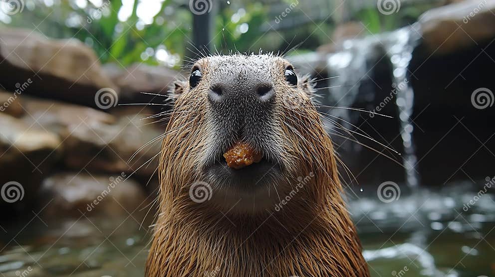 Close-up of a Capybara Eating, with a Blurred Waterfall Background ...