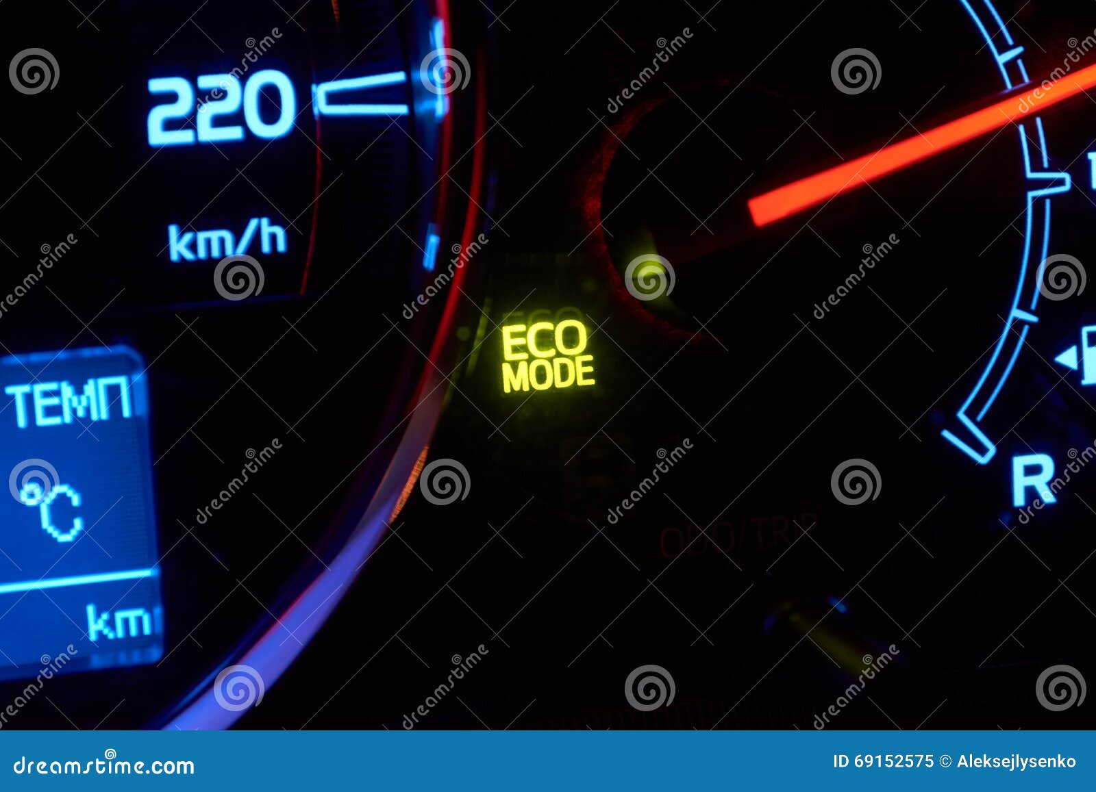 Close Up of Car Dashboard with Green Hybrid Mode Icon on. Stock Image ...
