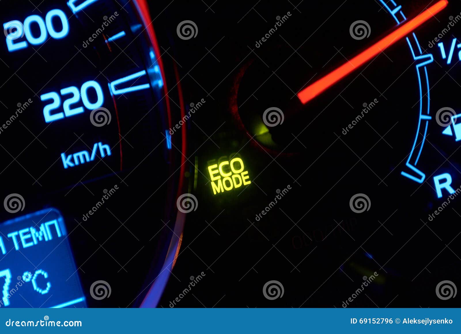 Close Up of Car Dashboard with Green Hybrid Mode Icon on. Stock Photo ...