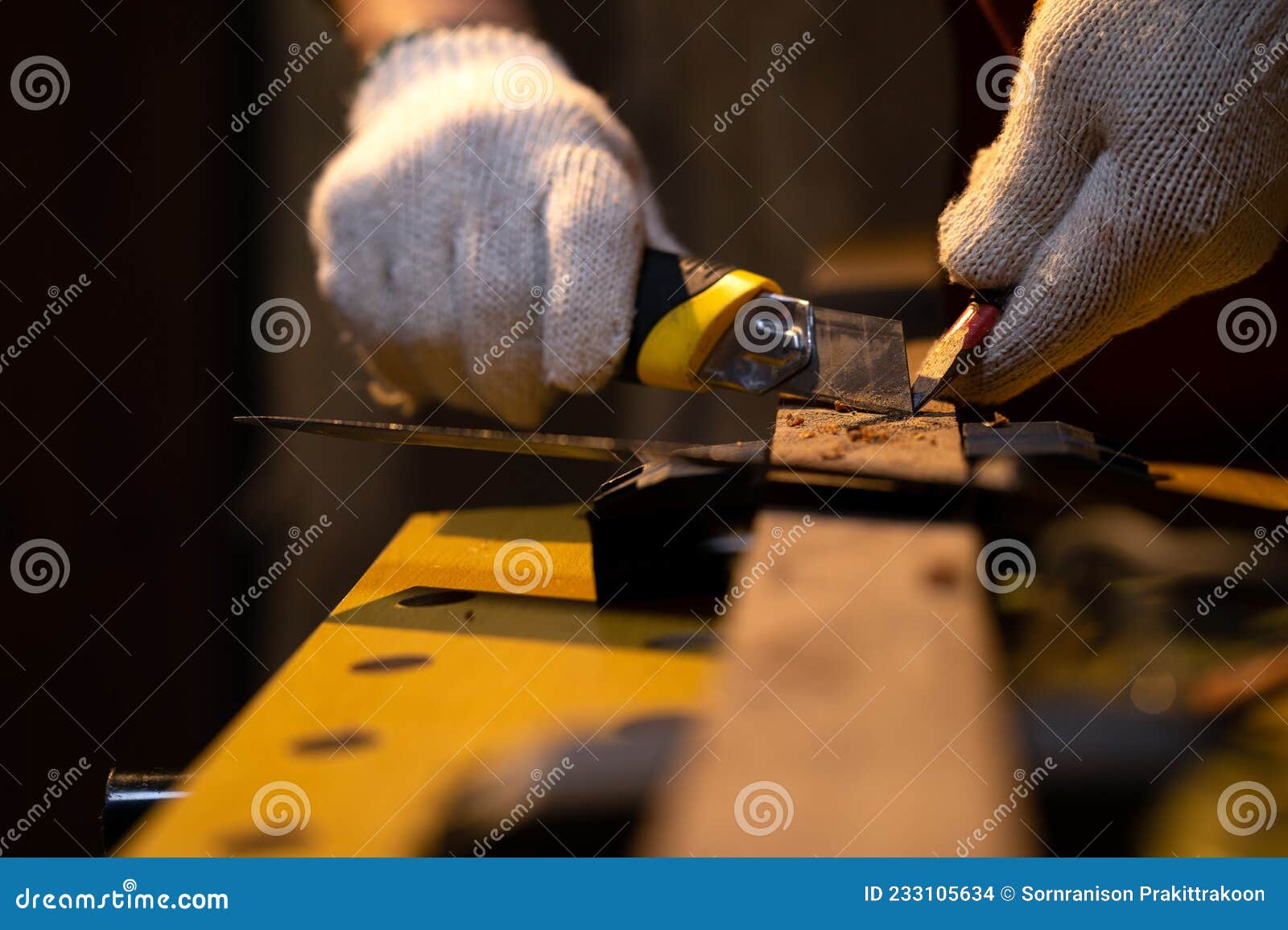 Close-up of Carpenter Hands Use Old Sharp Utility Knife for Manual ...