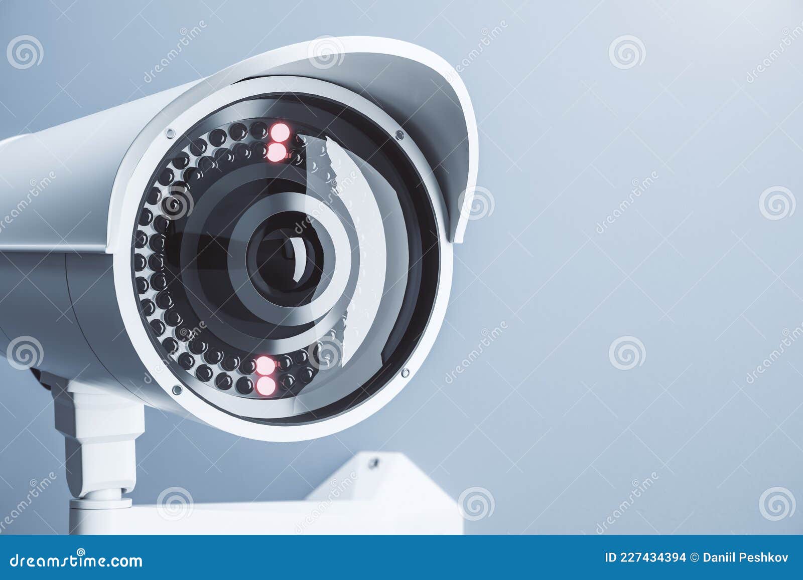 Close Up Of Cctv Camera On Light Blue Background With Mock Up Place For ...