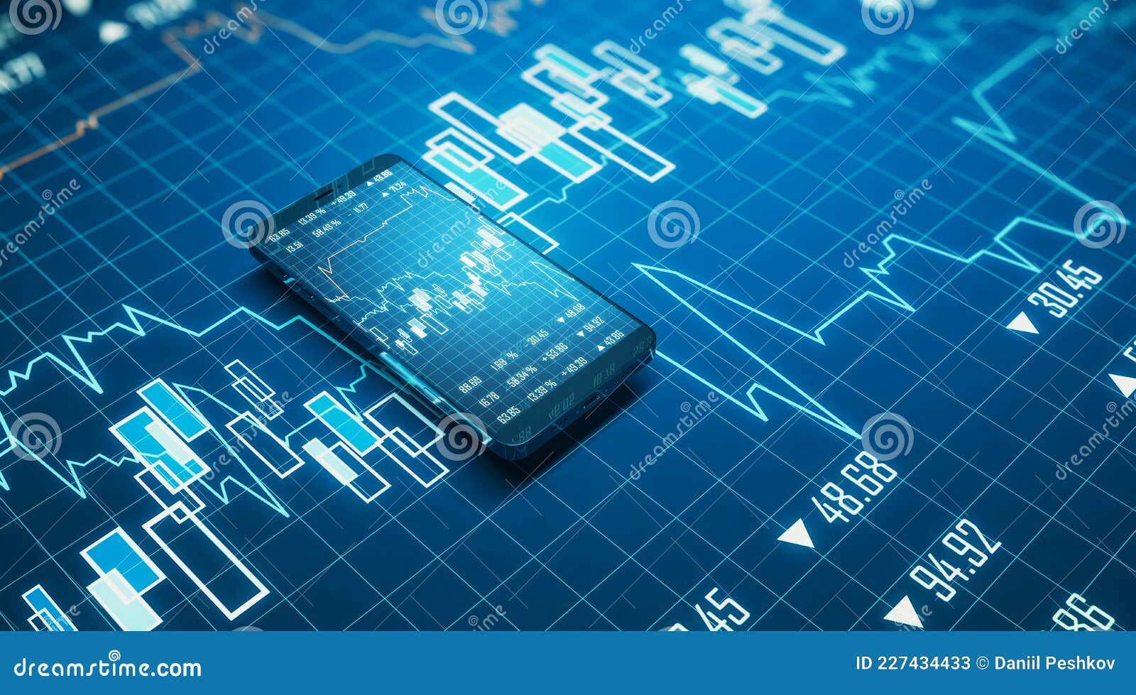 Close Up of Cellular Phone with Creative Forex Chart on Blue Background ...