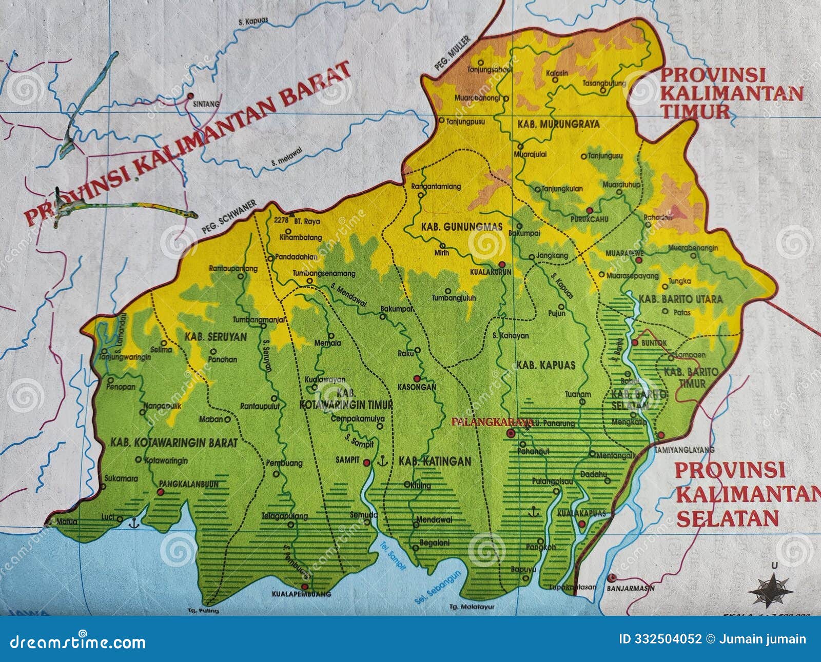 Central Kalimantan Map and Major Cities Around it on Physical Map Stock ...