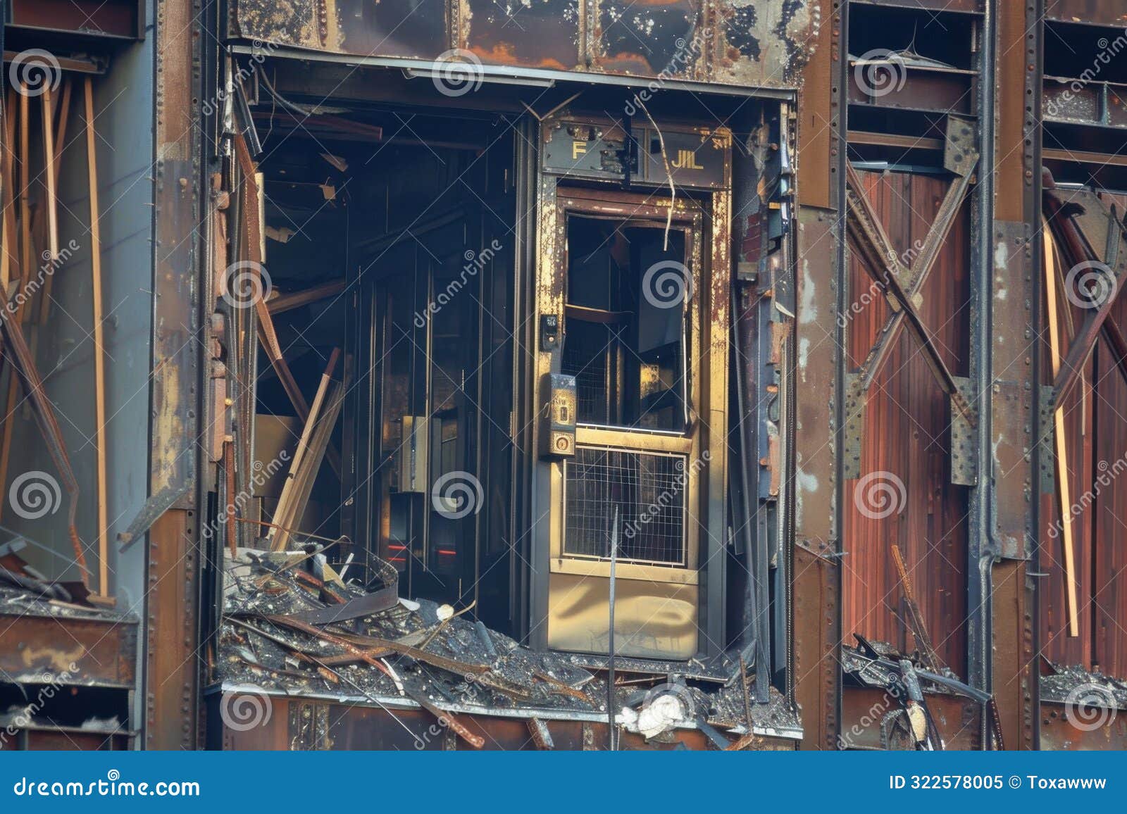 Burned Building with Debris and Damaged Elevator Door Stock Image ...