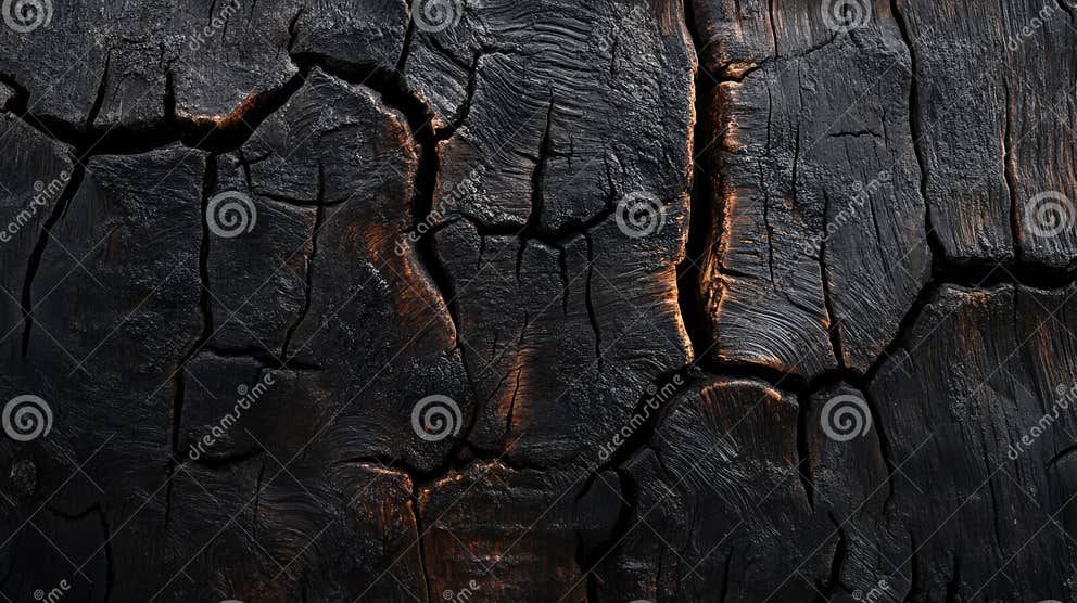 Close-up of Charred, Cracked Wood Surface with Visible Grain Patterns ...