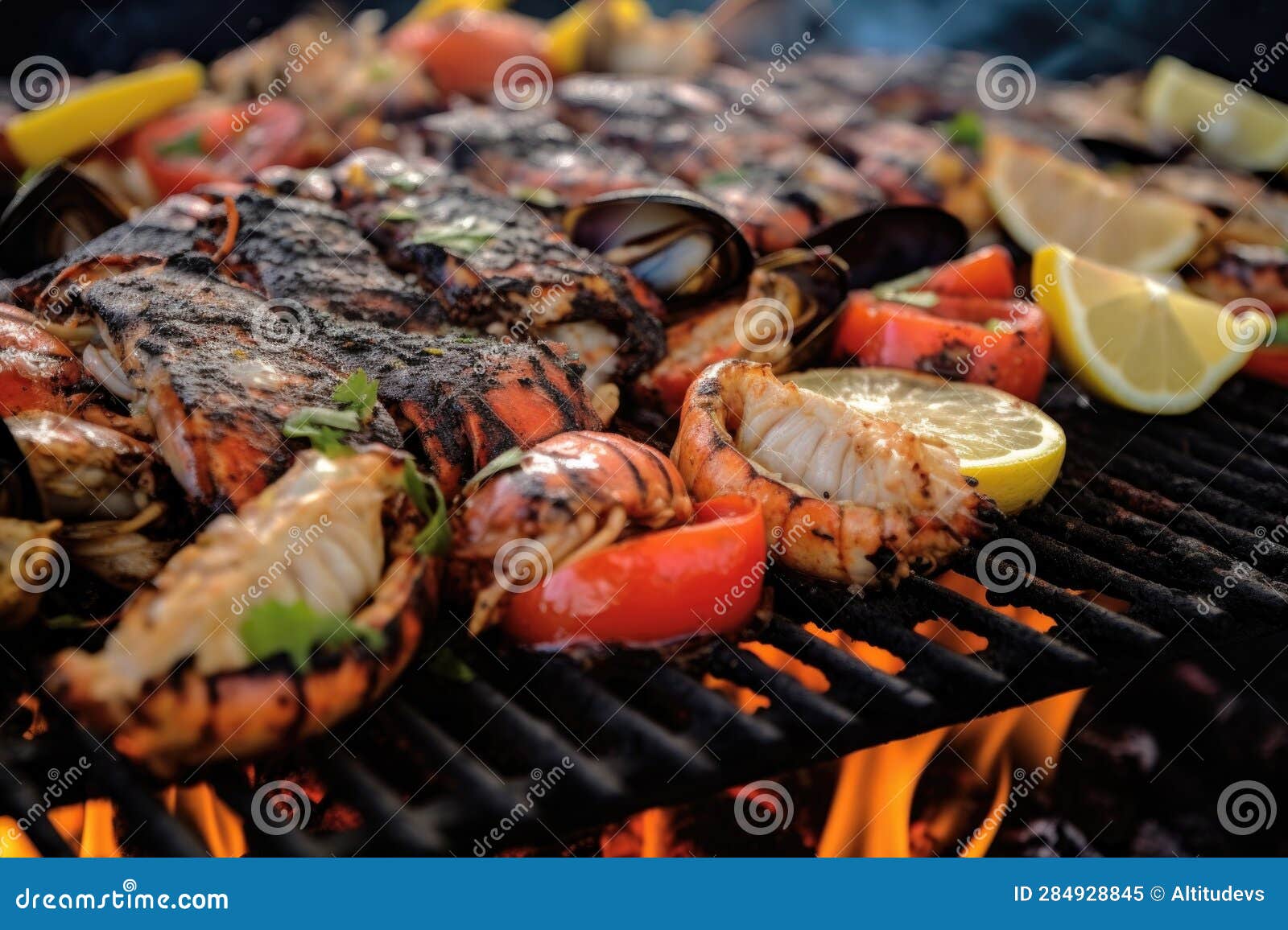 Close-up of Charred Seafood on Beachside Grill Stock Illustration ...