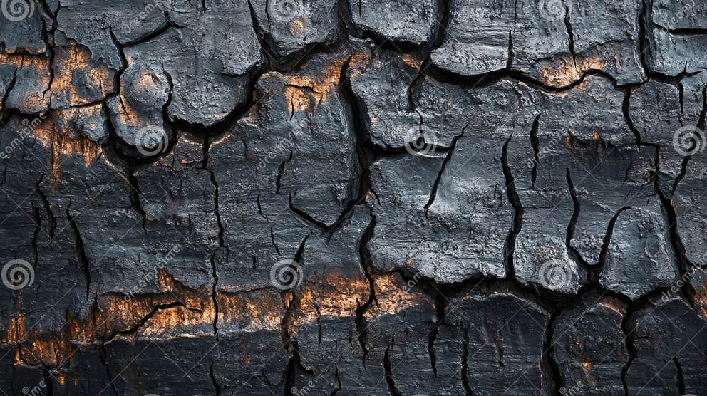 Close-up of Charred Tree Bark with Deep Cracks and a Subtle Glow Stock ...