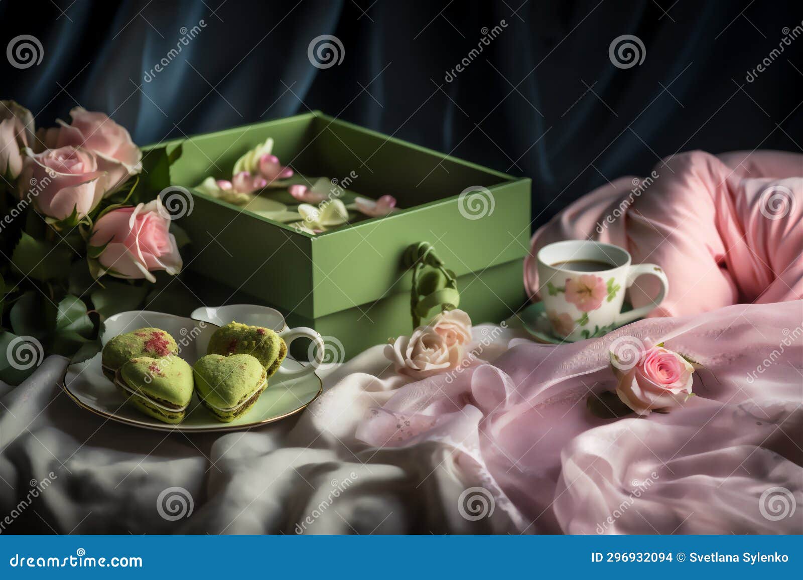 Close-up of a Chaska on a Bed with Flowers, Roses and Cake. Breakfast ...