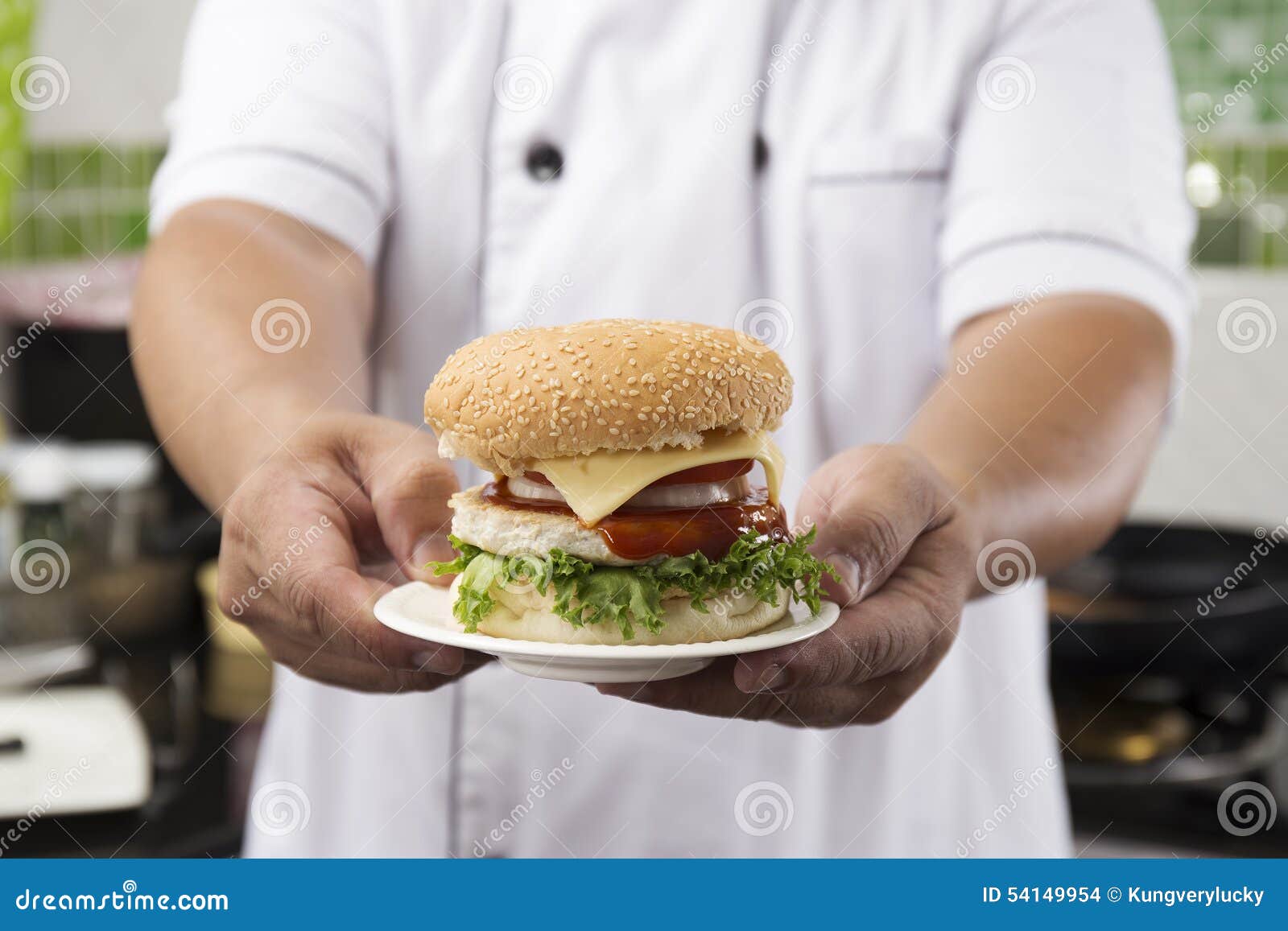 Close Up Chef Presented Hamburger Stock Photo - Image of knife, chef ...