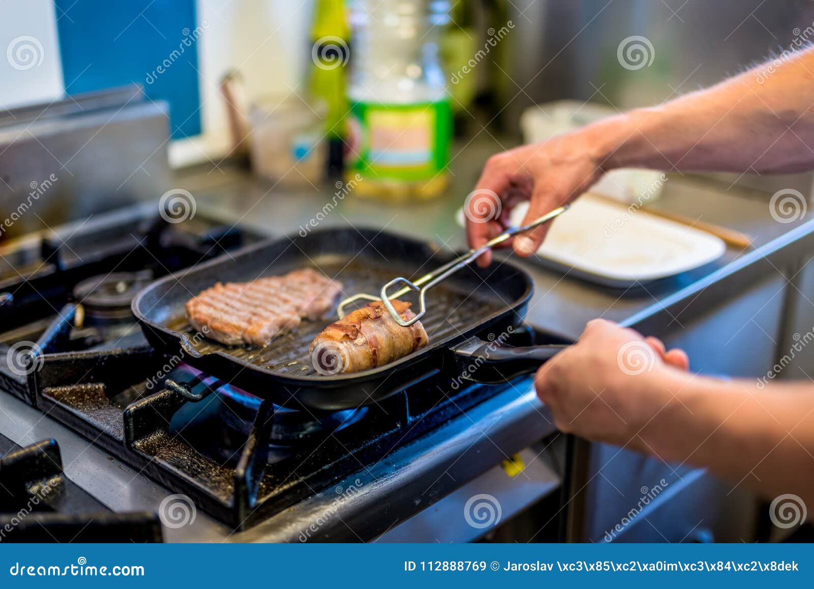 Close-up of Chef`s Hands while Baking Meat Stock Image - Image of ...