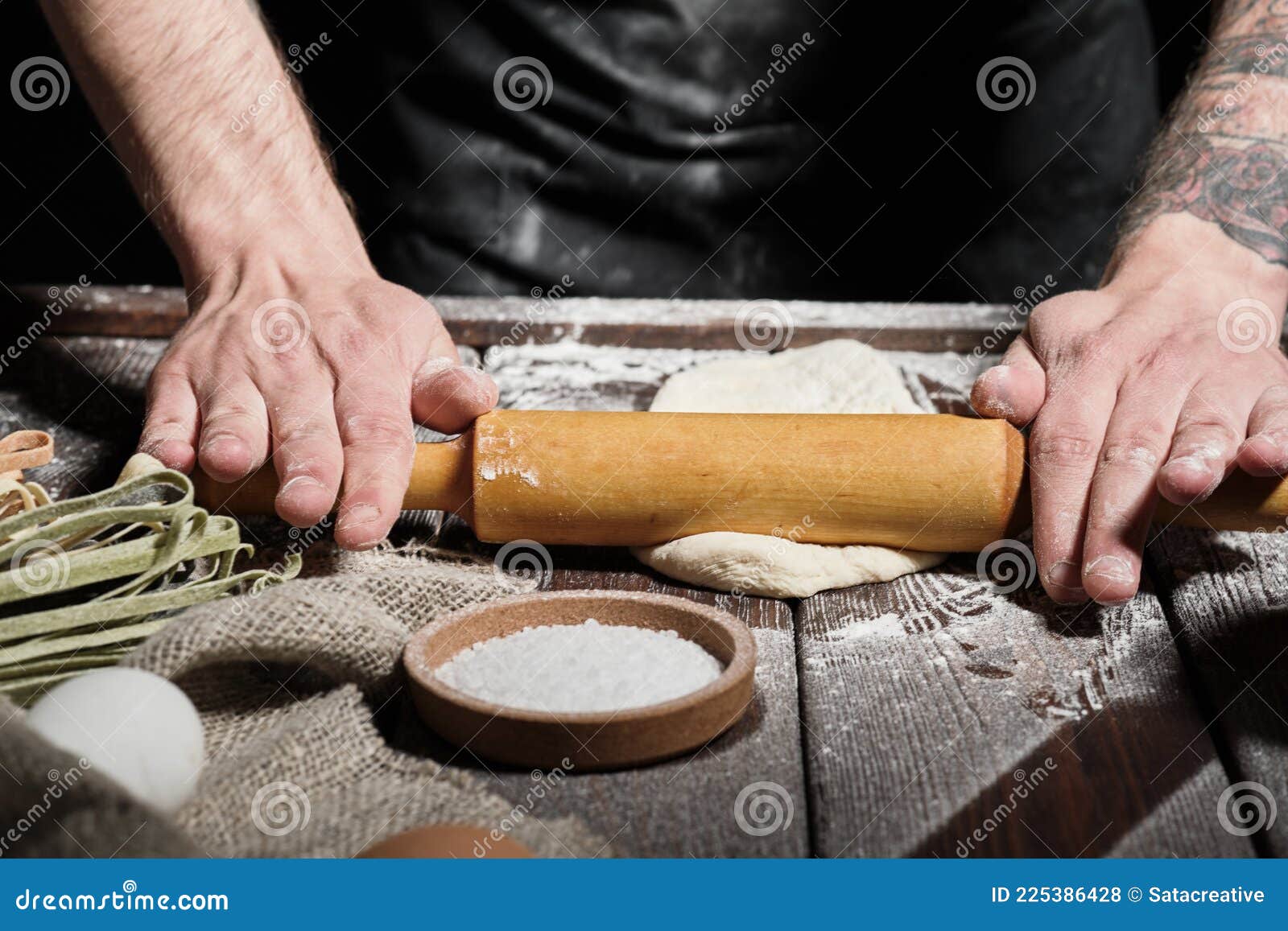 Chef Making Fresh Dough with Rolling Pin Stock Photo - Image of chef ...