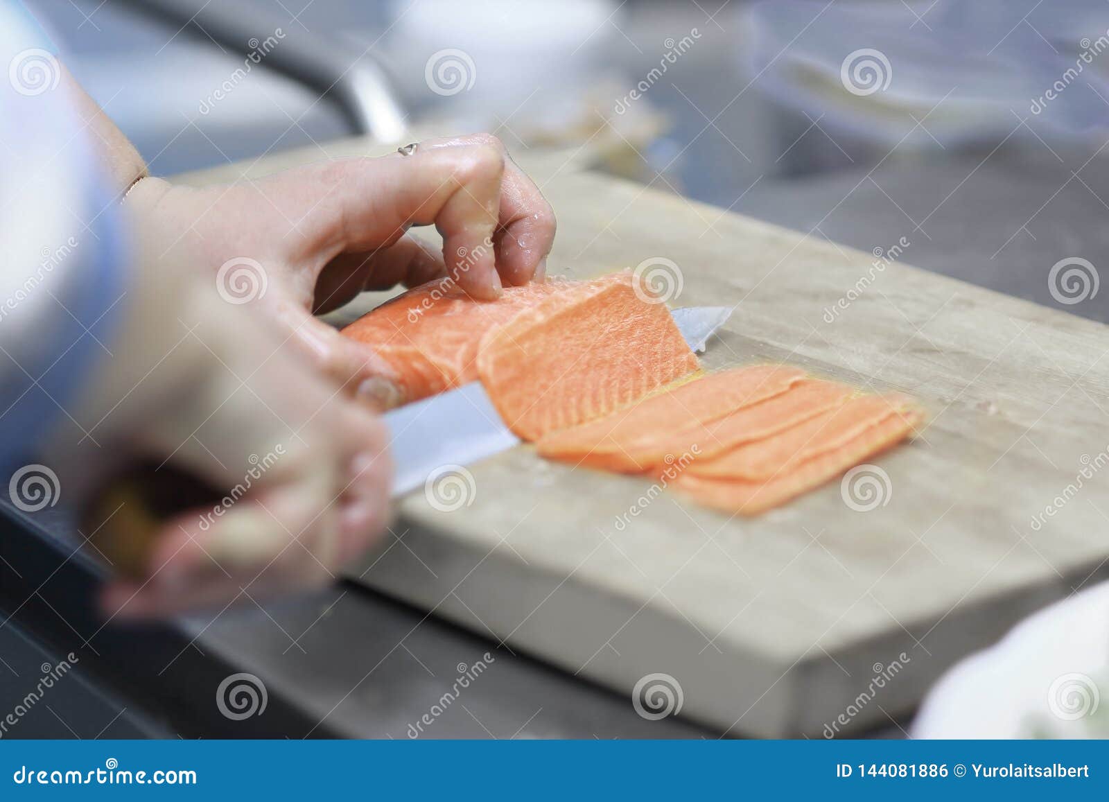 Close Up. Chef Slicing Fish for Sushi Stock Photo - Image of closeup ...