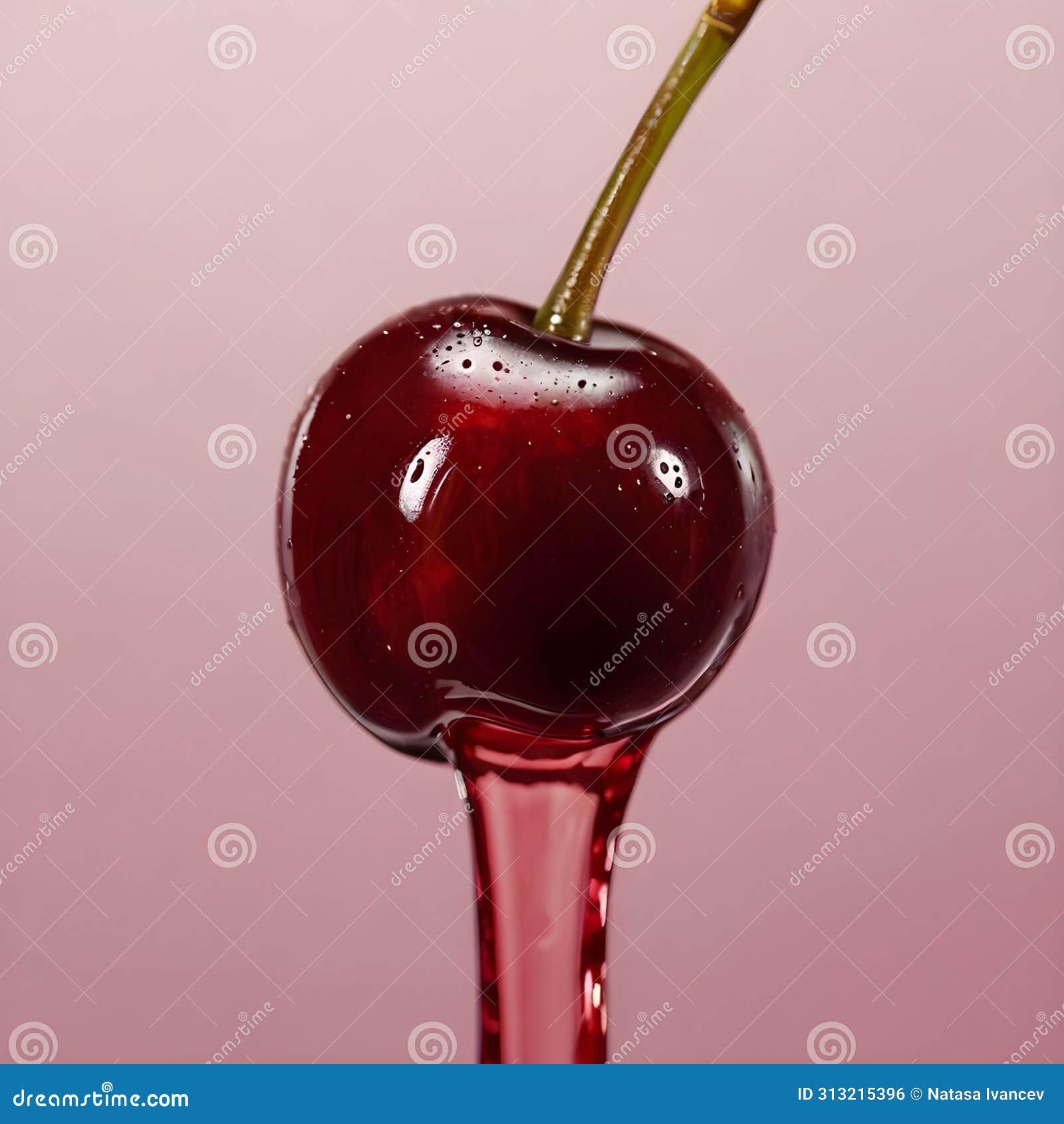 Close Up of a Cherry and Red Syrup Dripping on Pink Background Stock ...