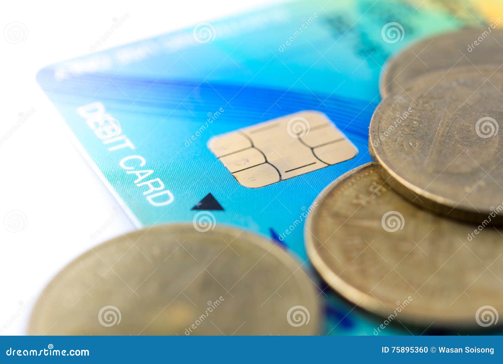 Close Up Chip Card on Debit Card with Coin Stock Photo - Image of coin ...