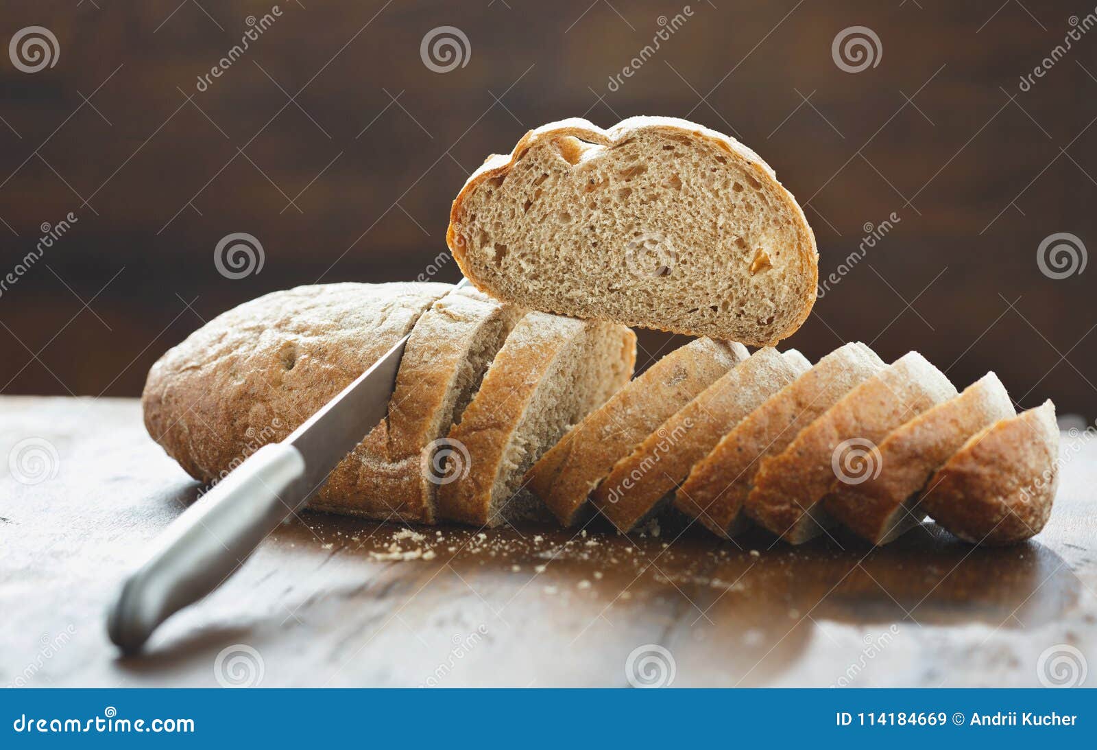 Close Up Chopped Fresh Bread Wooden Table Stock Image - Image of wood ...