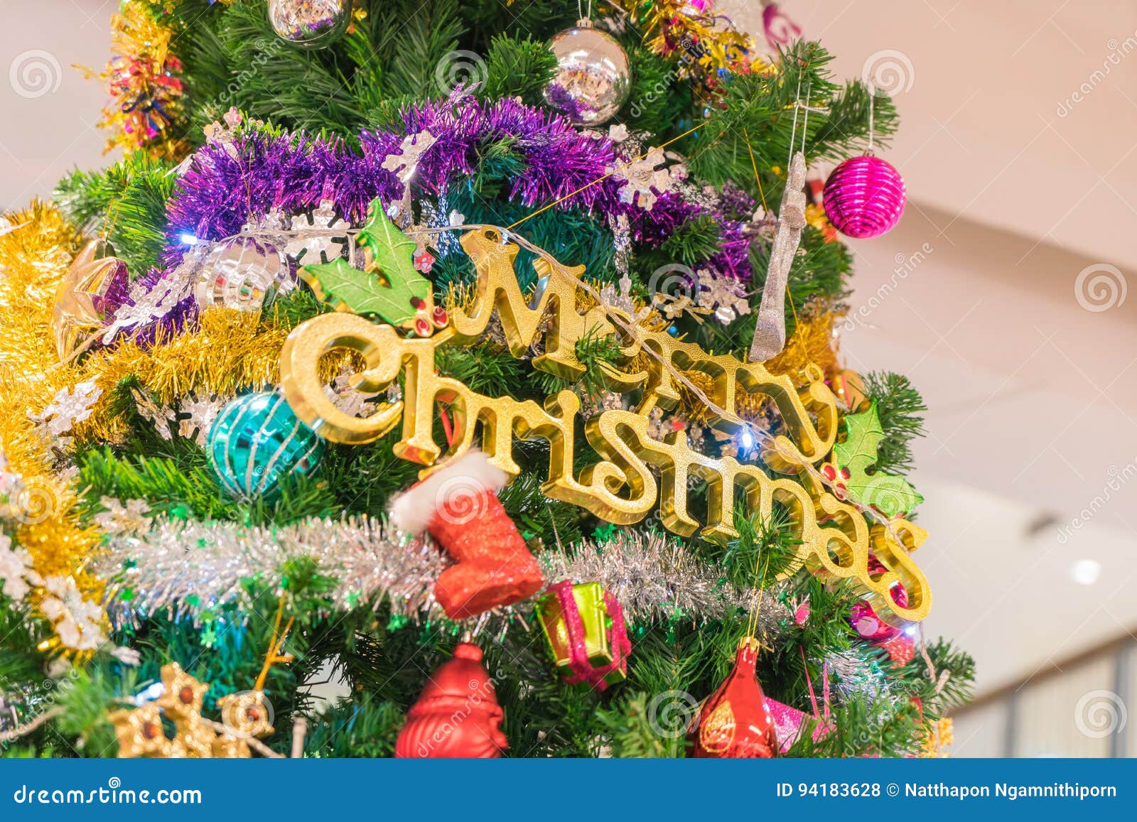 Close-up on christmas tree stock photo. Image of object - 94183628