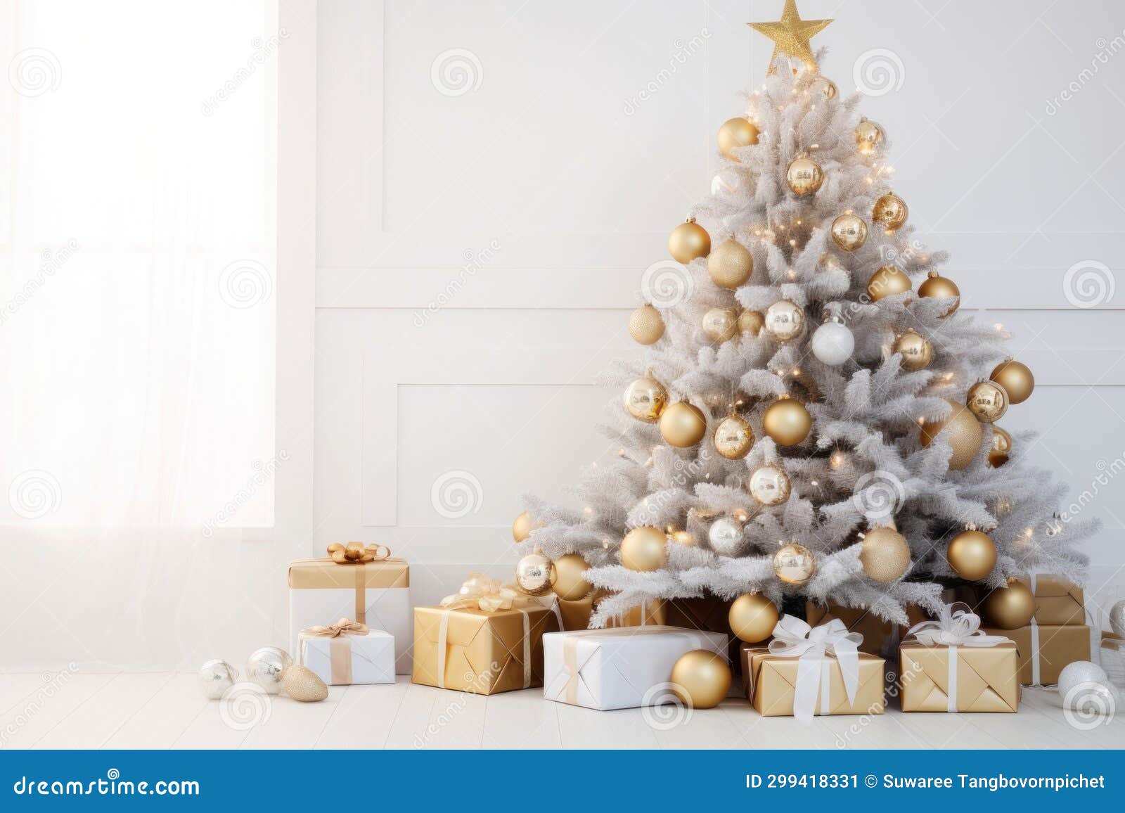 Close Up Christmas Tree and Gifts in Room with Copy Space Background ...