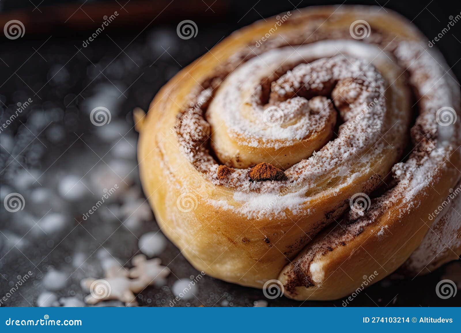 Close-up of Cinnamon Roll with Flaky Pastry and Sprinkle of Sugar ...