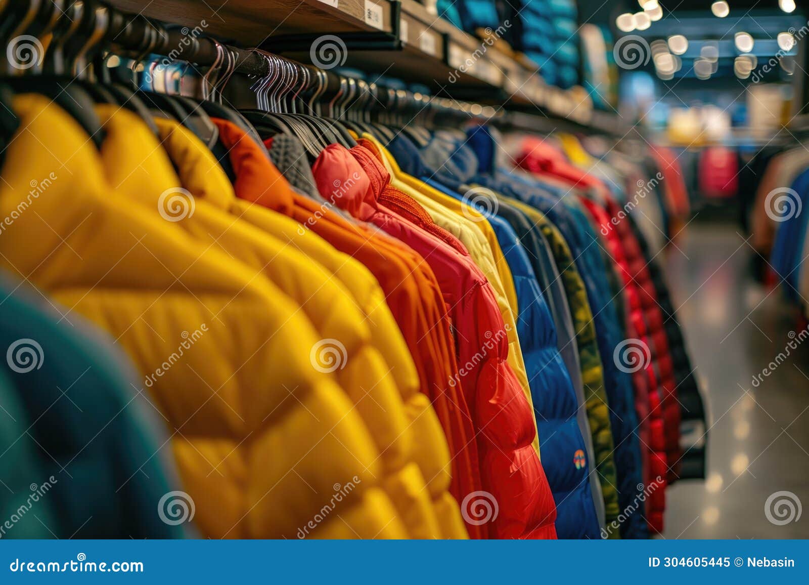 Close-up of a Clothing Rack with a Selection of Brightly Colored Puffer ...